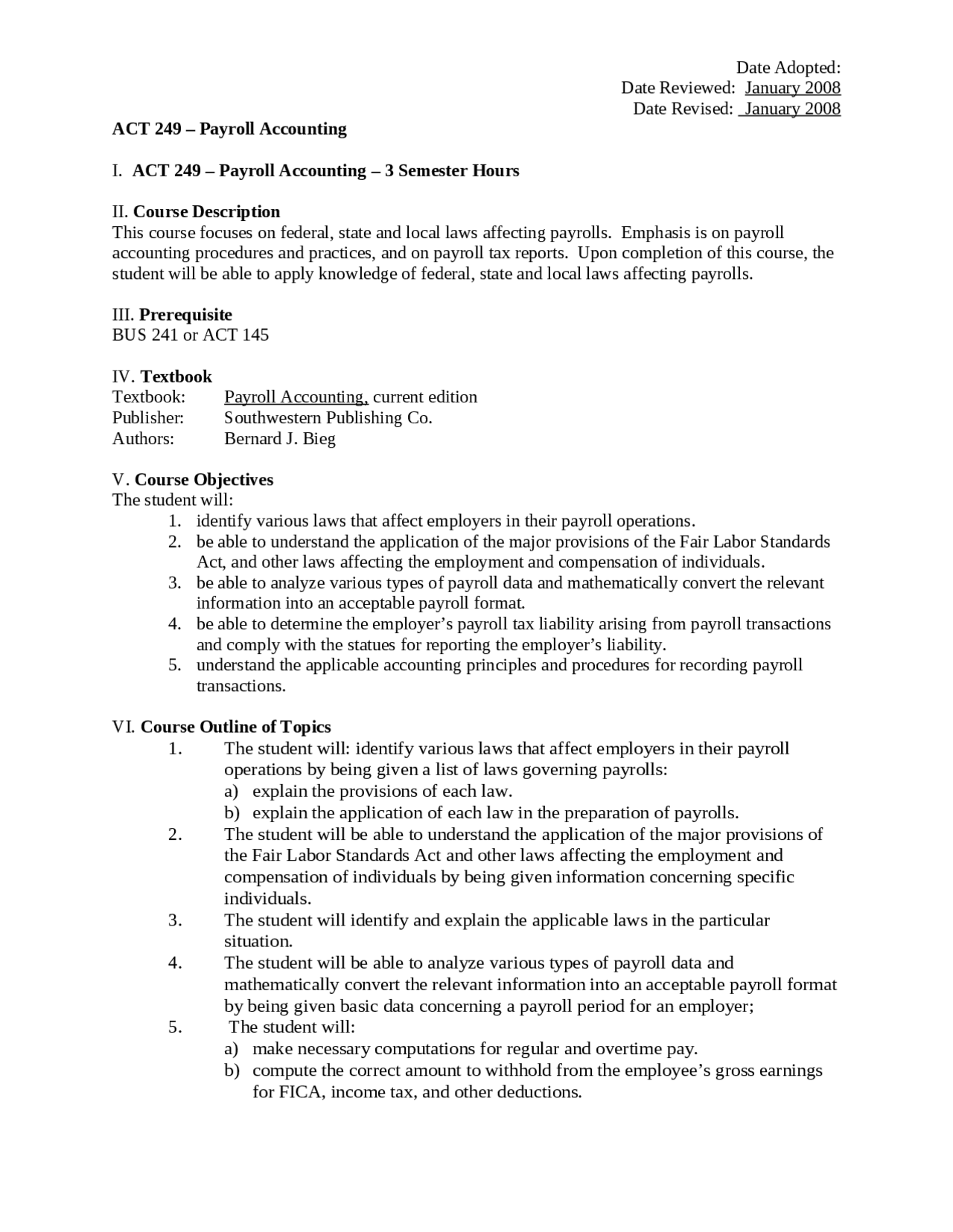 Course Syllabus Payroll Accounting Act 249 Docsity