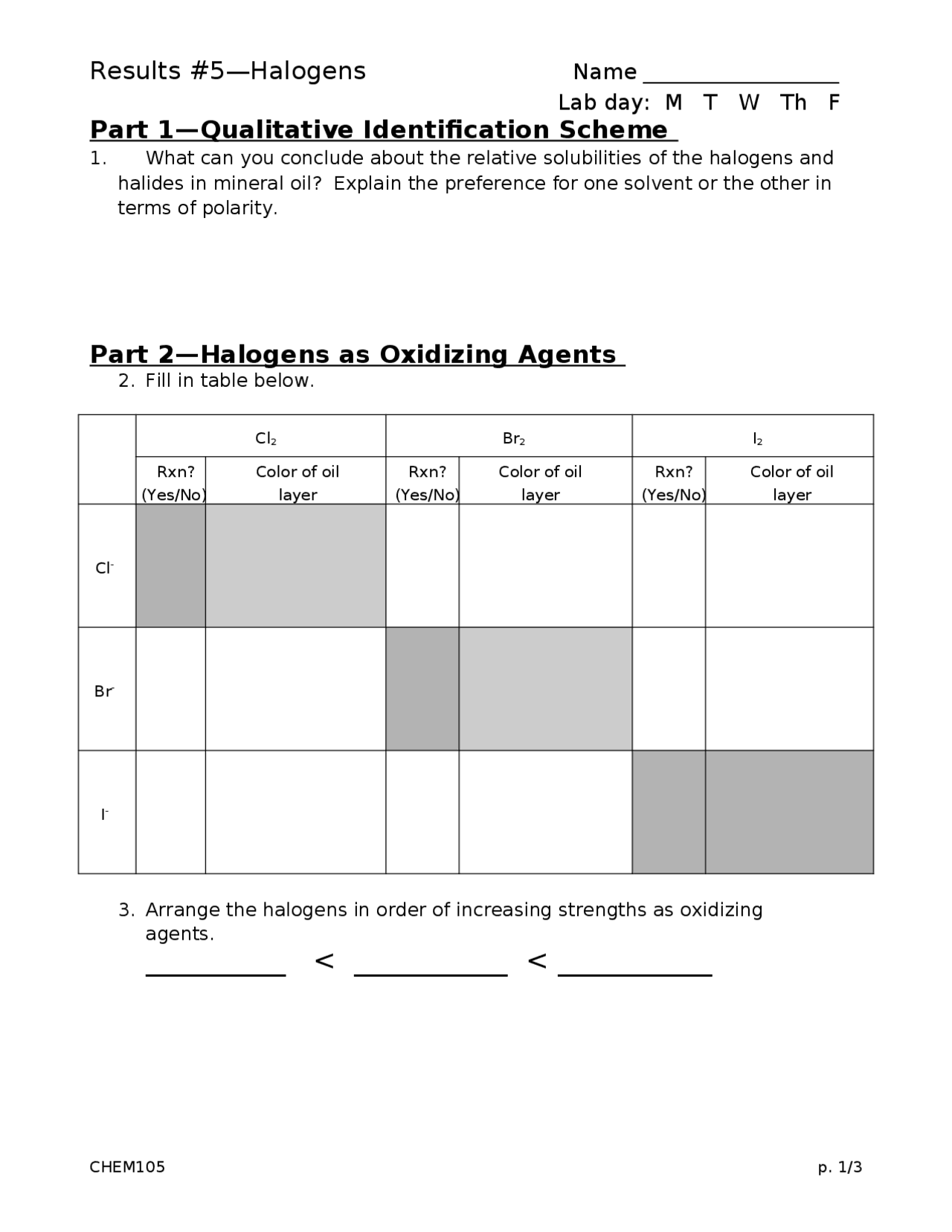 Lab 5: Halogens - Fundamentals Chemistry with Lab | CHEM 105 - Docsity