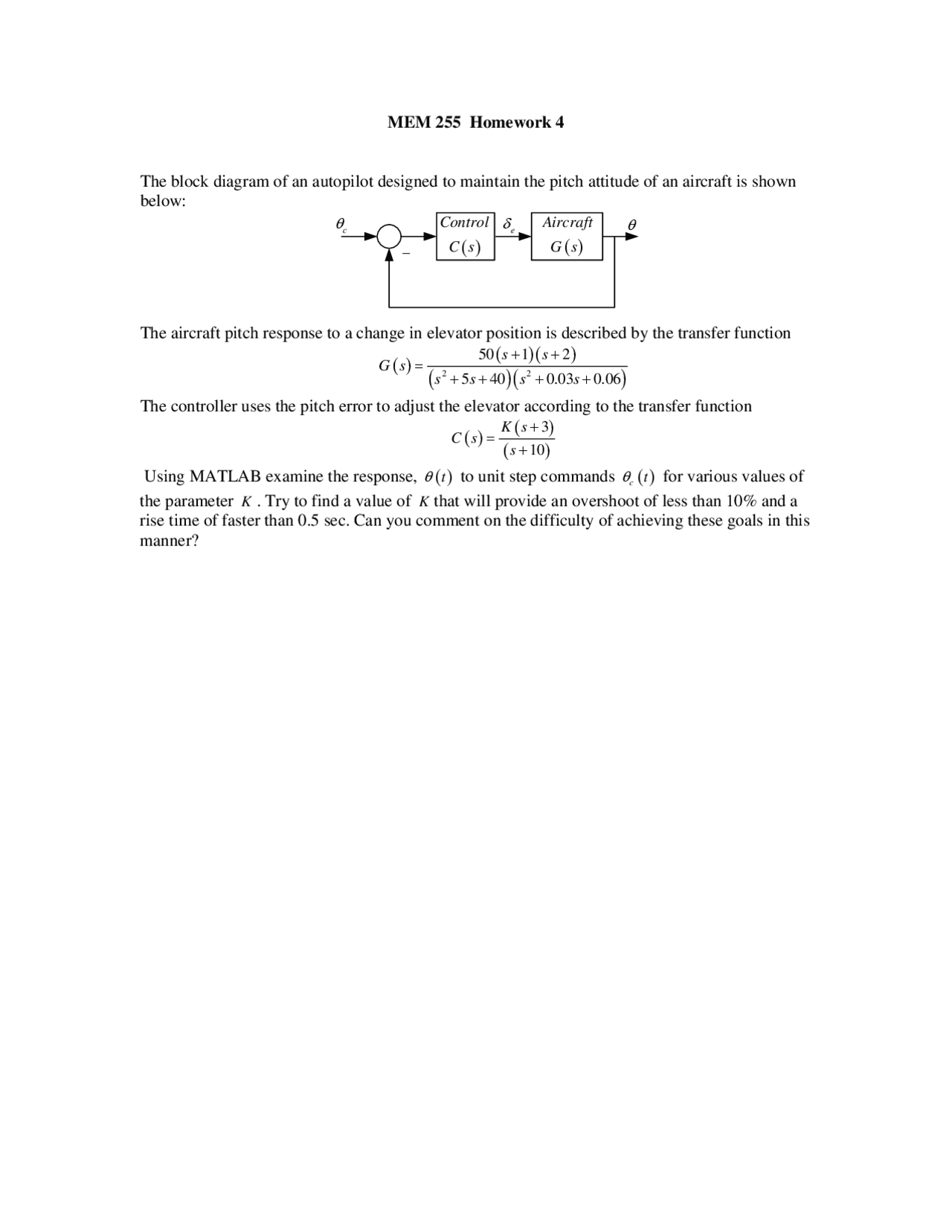 Homework 4 Introduction To Controls Mem 255 Docsity
