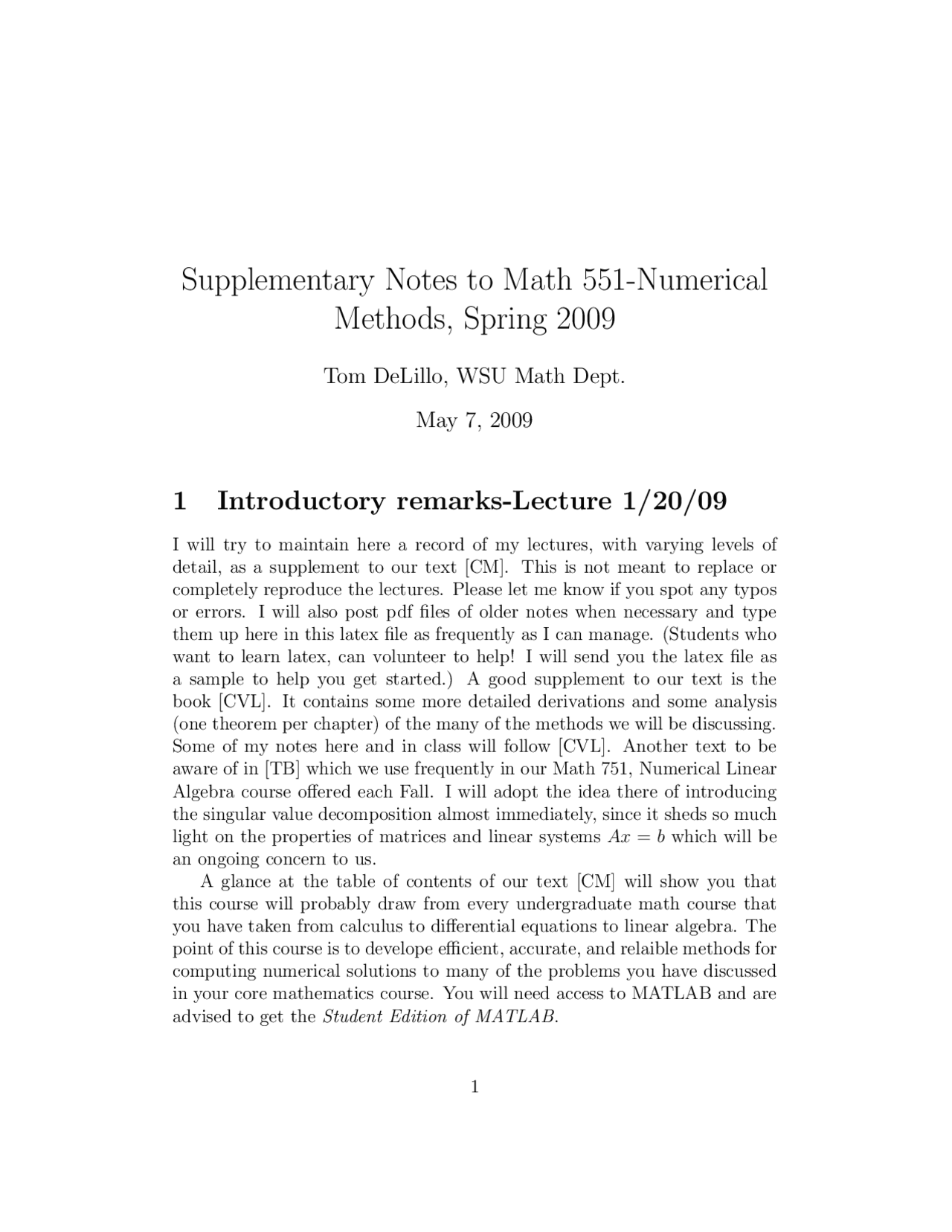 Supplementary Notes On Numerical Methods Math 551 Docsity