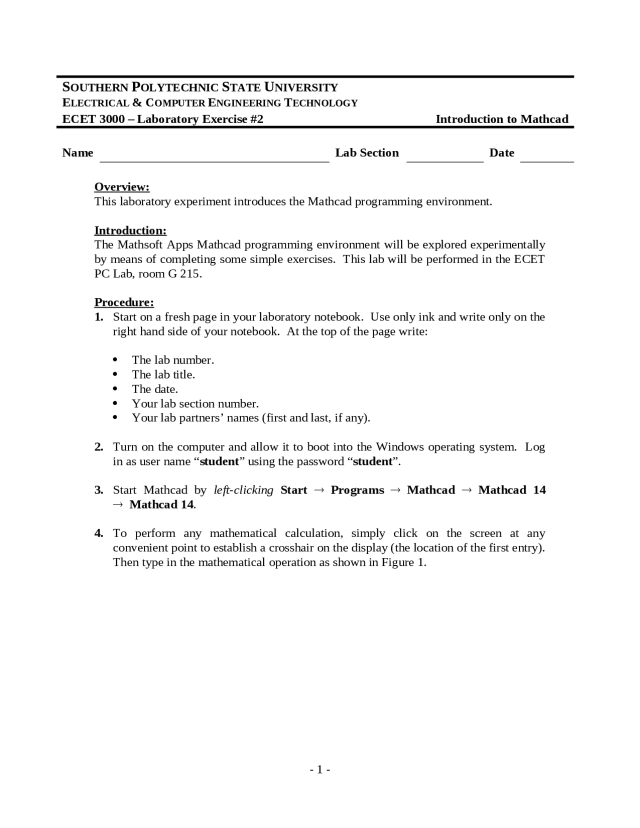 Laboratory Exercise 2 Introduction To Mathcad Ecet 3000 Docsity