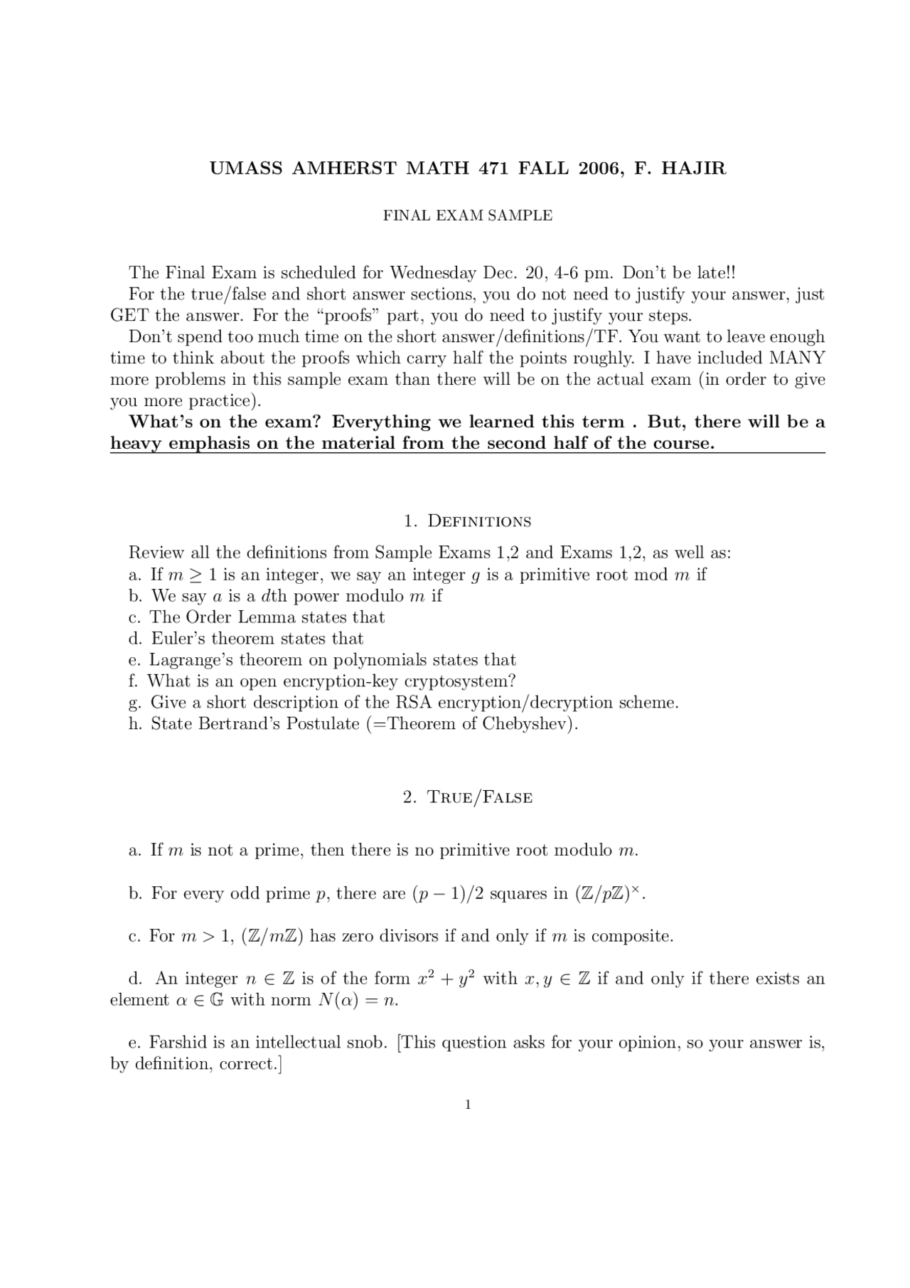 Final Exam Questions Theory Of Numbers Math 471 Docsity