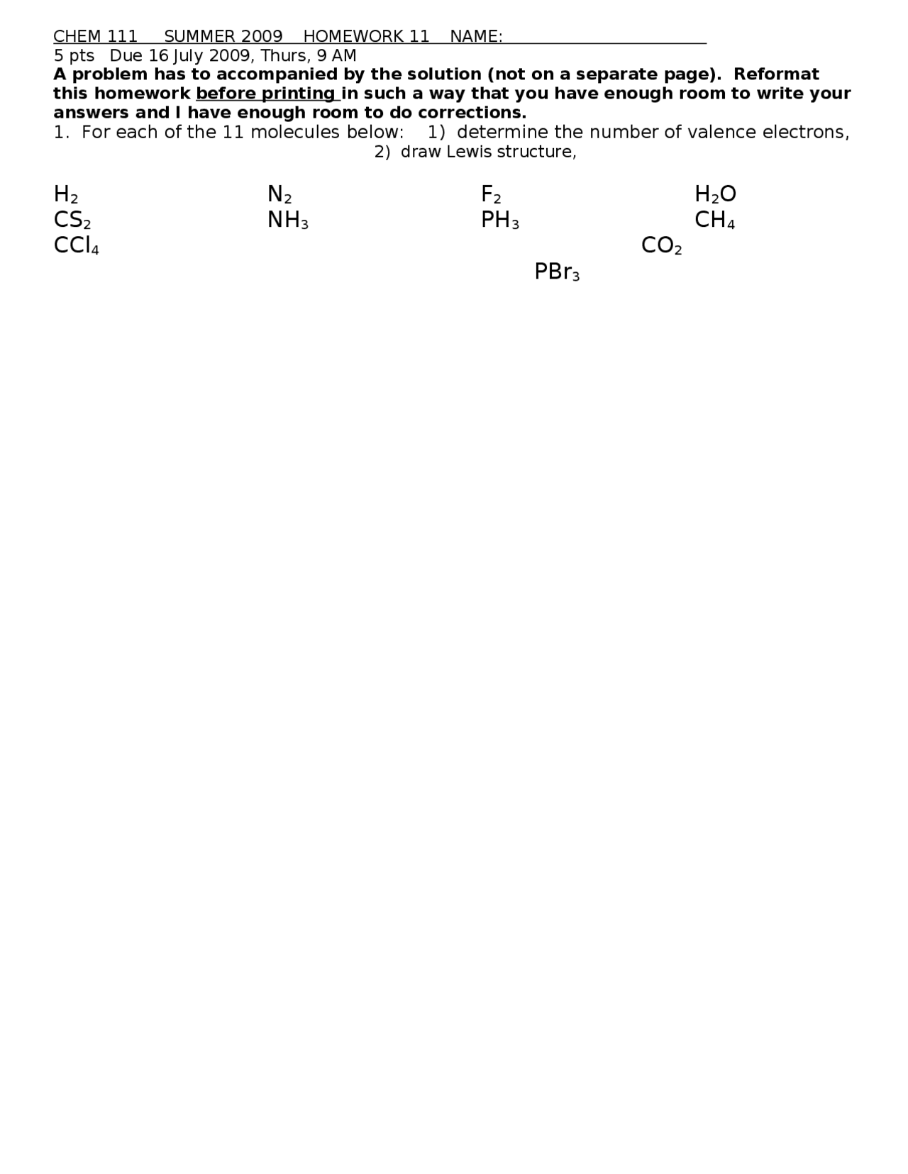 Problem Set 11 Elements Of General Chemistry Chem 111 Docsity