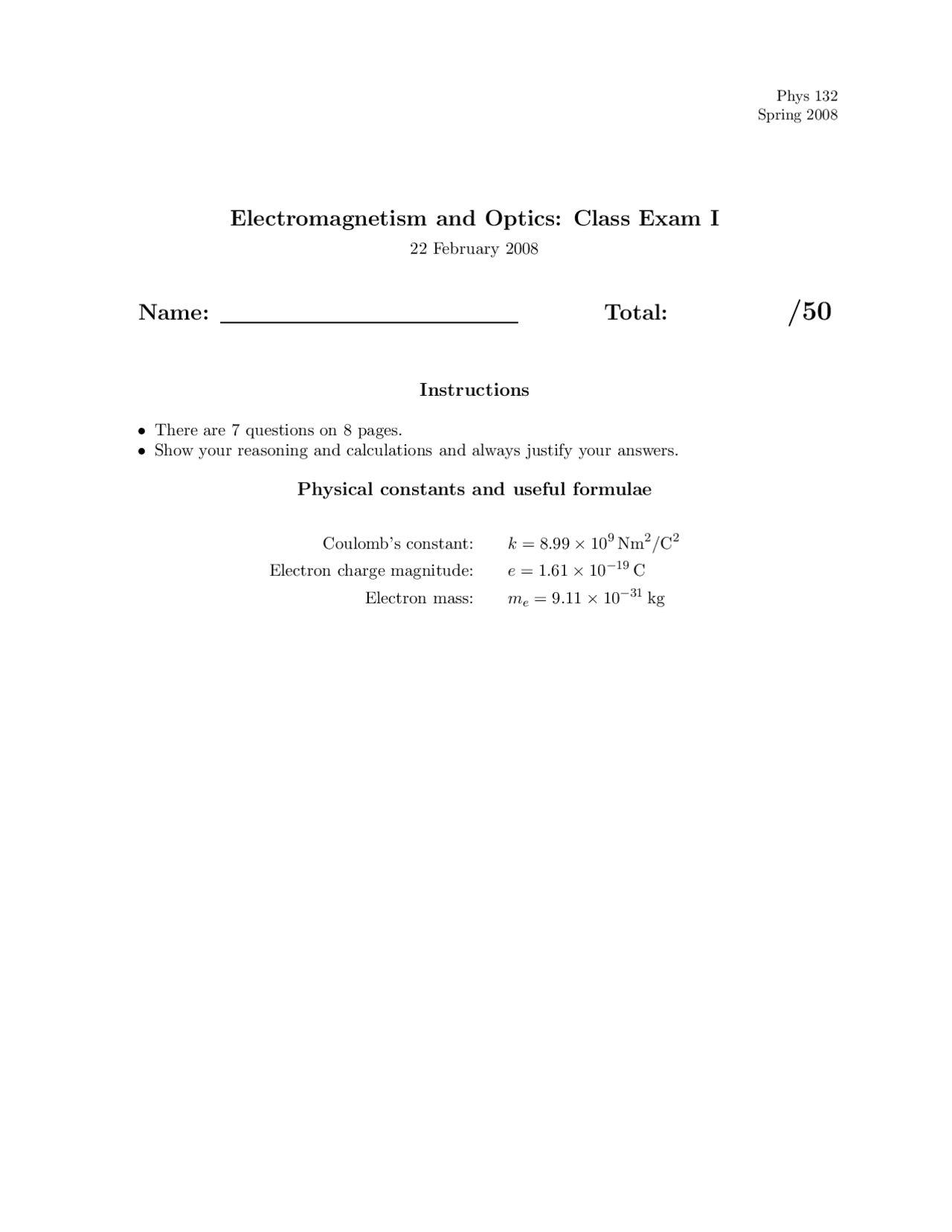 Exam I Questions For Electromagnetism And Optics Phys 132 Docsity