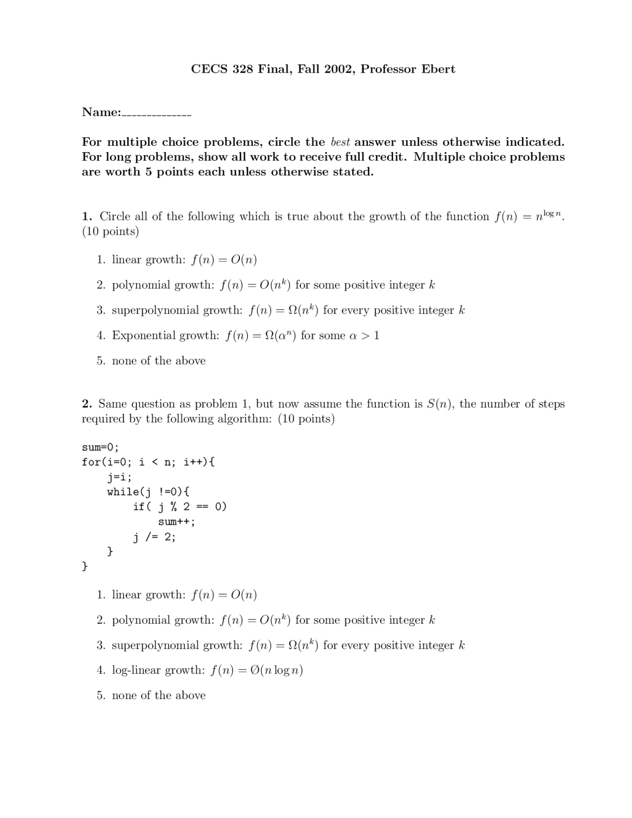 Practice Final Exam Data Structures And Algorithms Cecs 328 Docsity