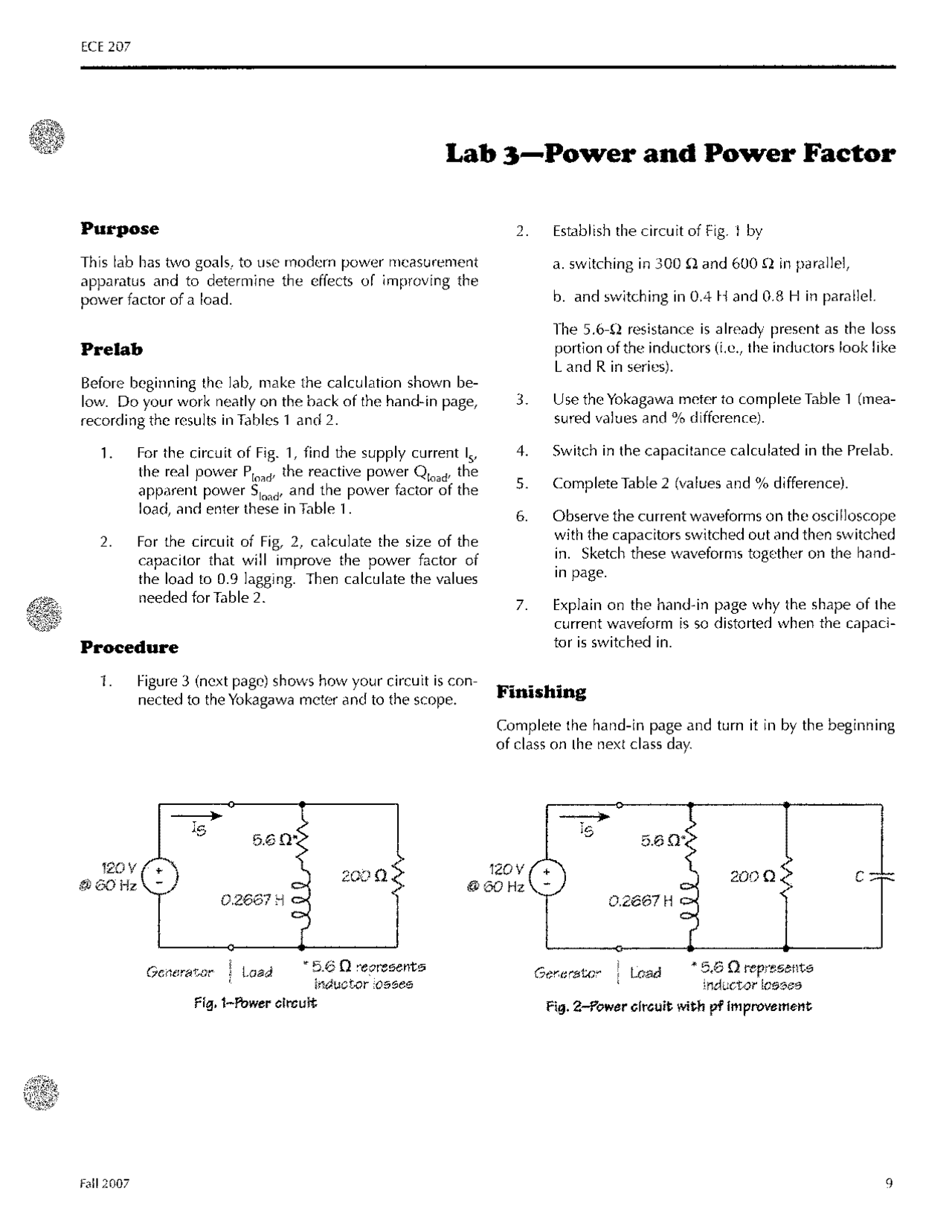 Power and Power Factor - Laboratory 3 Report | ECE 207 - Docsity