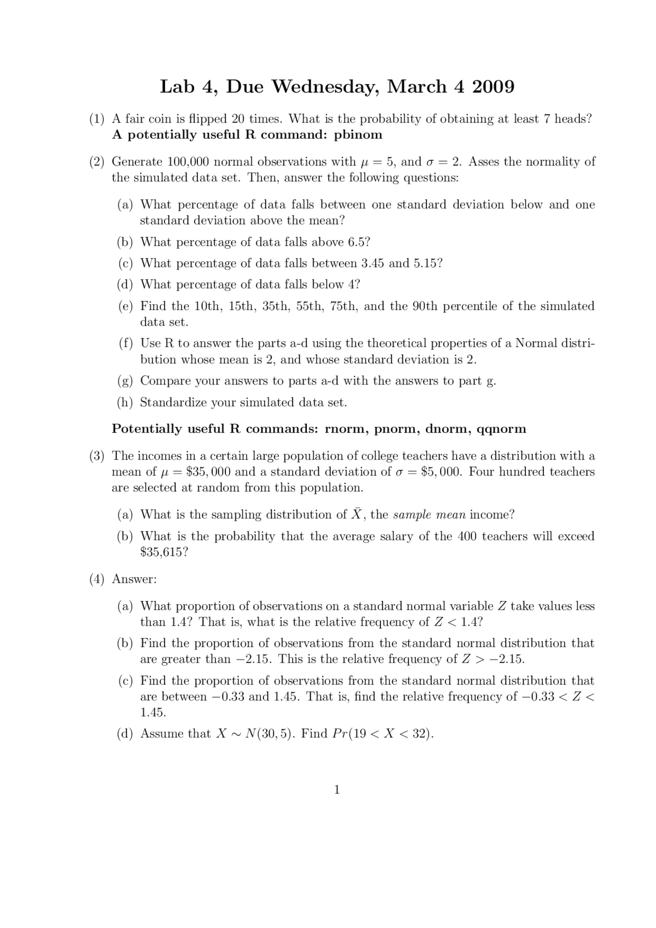 Statistics Applied To Natural Sciences Lab 4 Math 338 Docsity