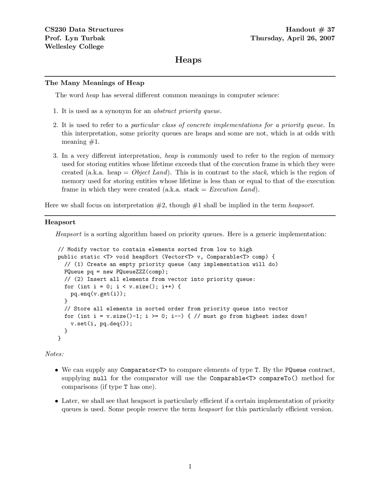 Heaps - Data Structures - Lecture Handout #37 | CS 230 - Docsity