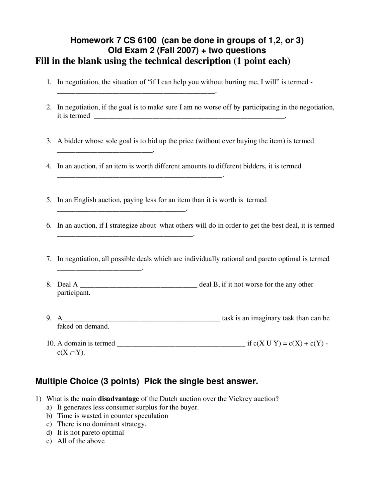 Multiagent Systems Old Exam Ii Questions Cs 6100 Docsity