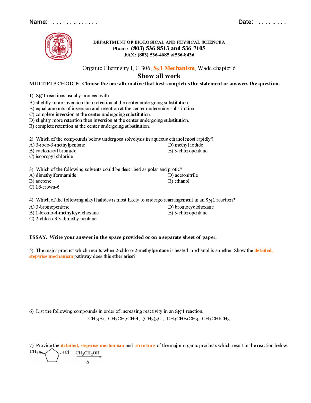 Organic Chemistry I - Practice Problems Set | C 306 - Docsity