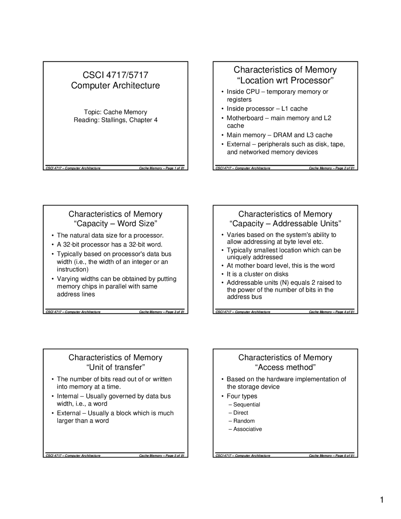 Cache Memory Readings Stallings - Computer Architecture | CSCI 4717 - Docsity