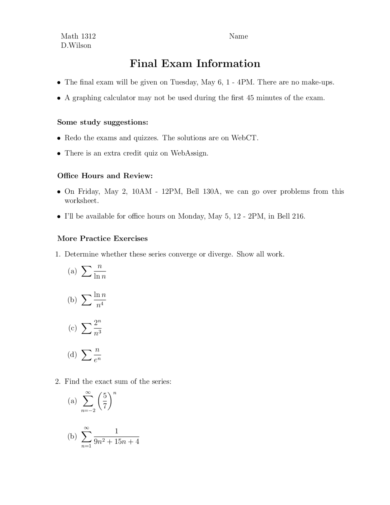 Final Examination Information Calculus I Math 1312 Docsity