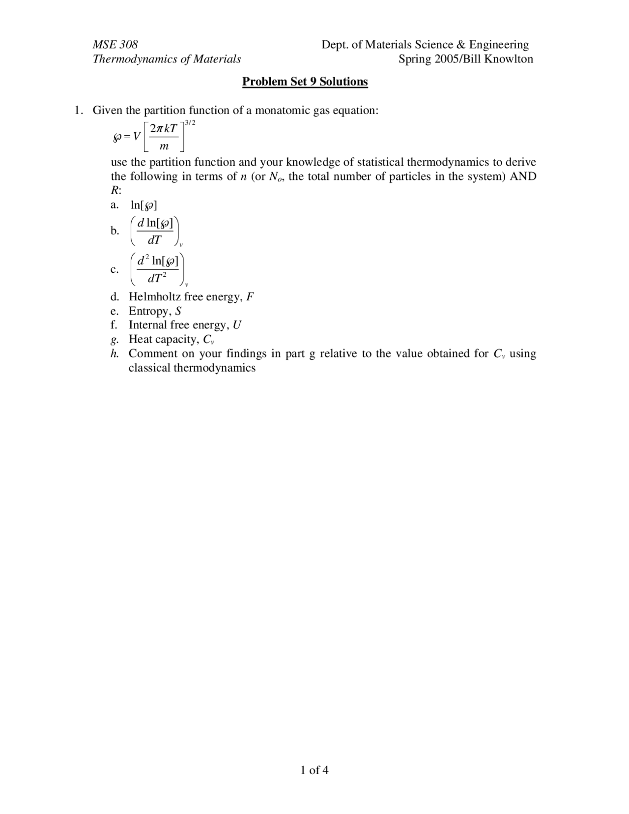 Resolution Of Problem Set 9 On Thermodynamics Of Materials Mse 308