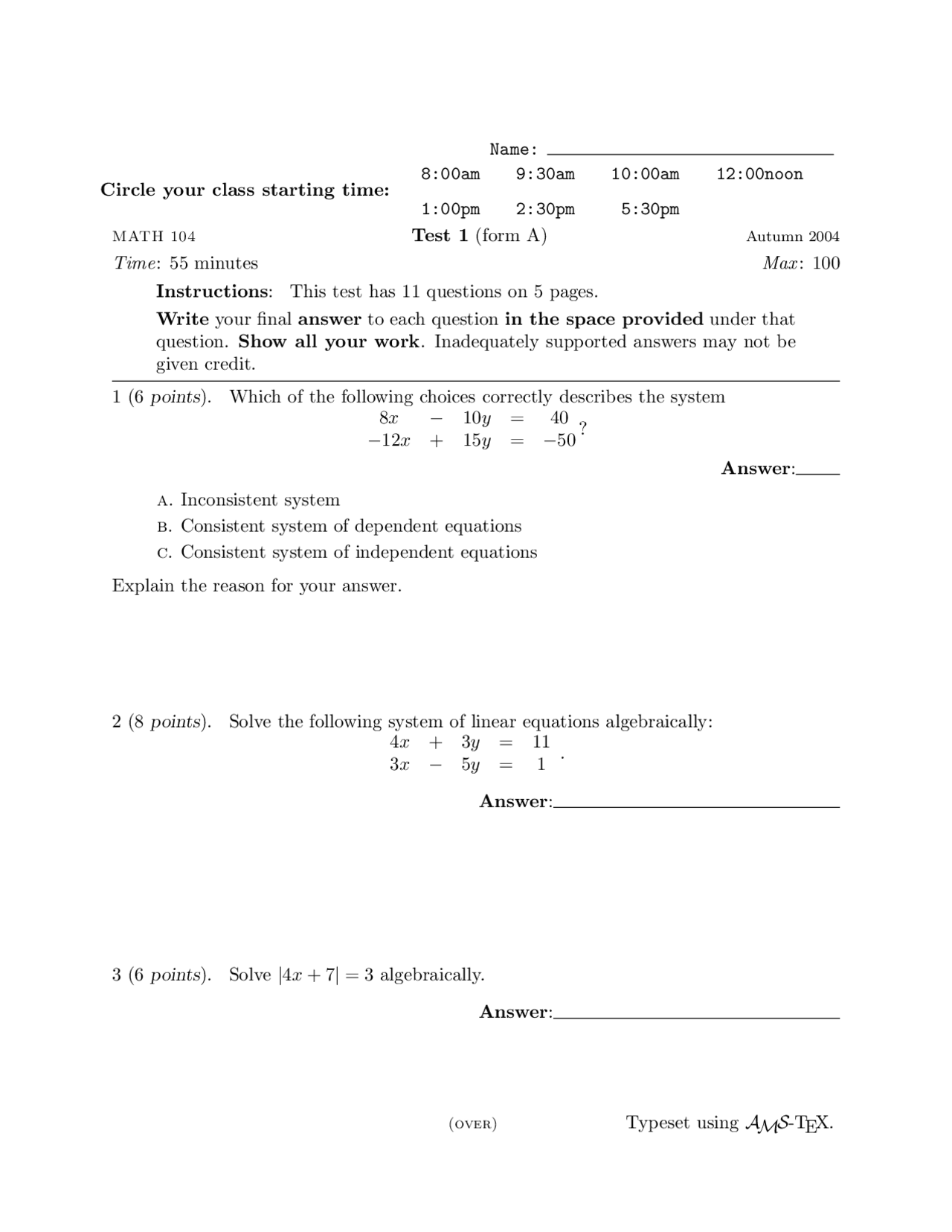 11 Questions on Basic College Mathematics - Exam 1 | MATH 104 | Exams ...