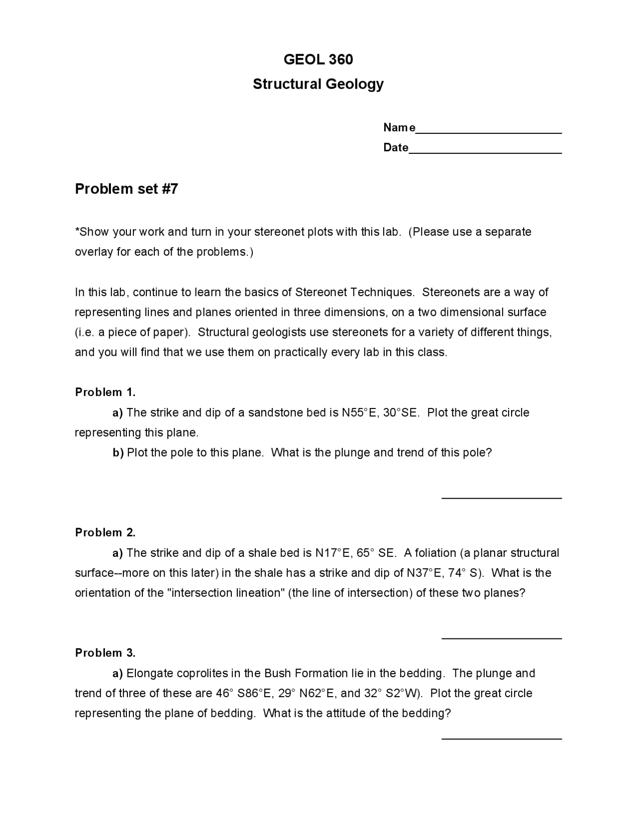 Problem Set 7 For Structural Geology Geol 360 Docsity