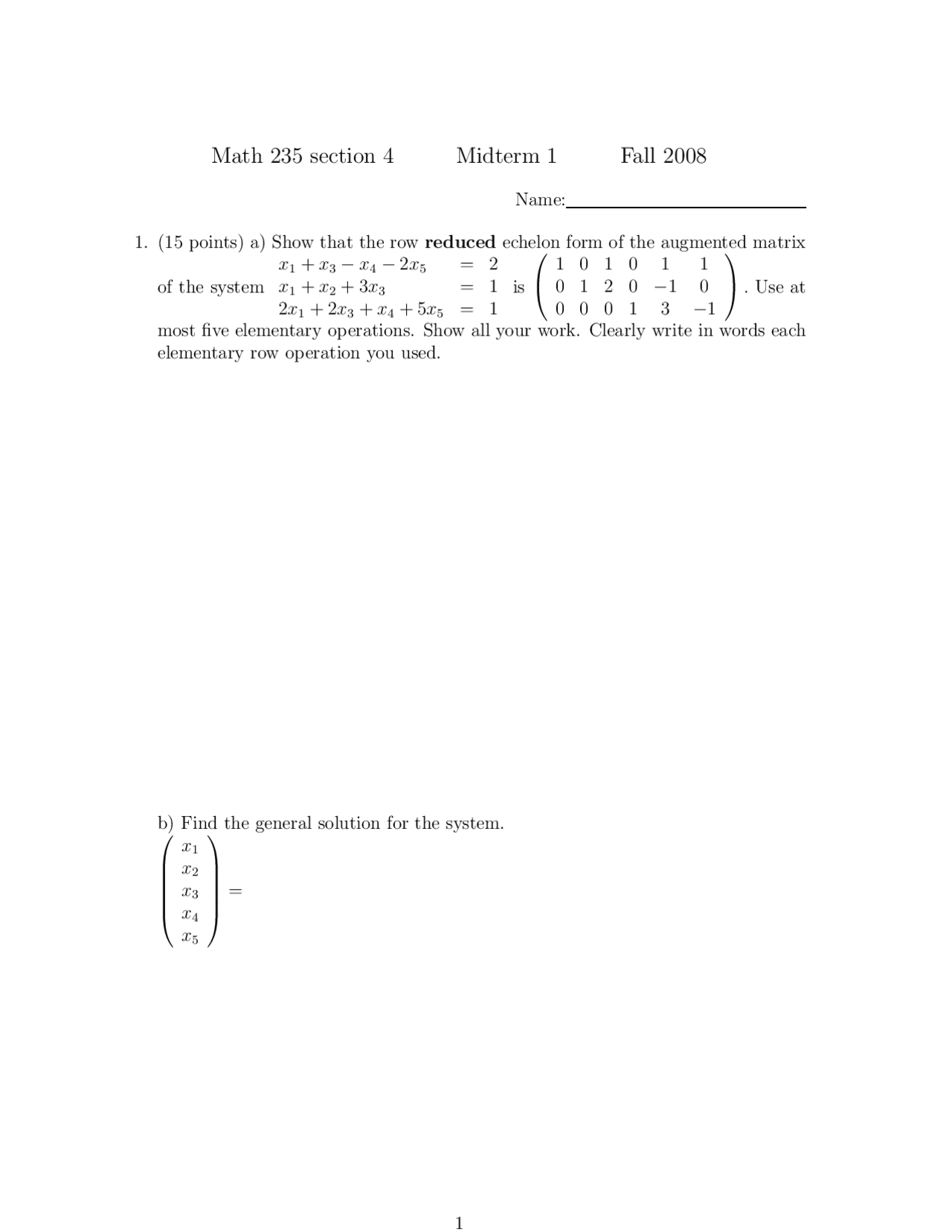 Midterm Exam for Introduction to Linear Algebra | MATH 235 - Docsity