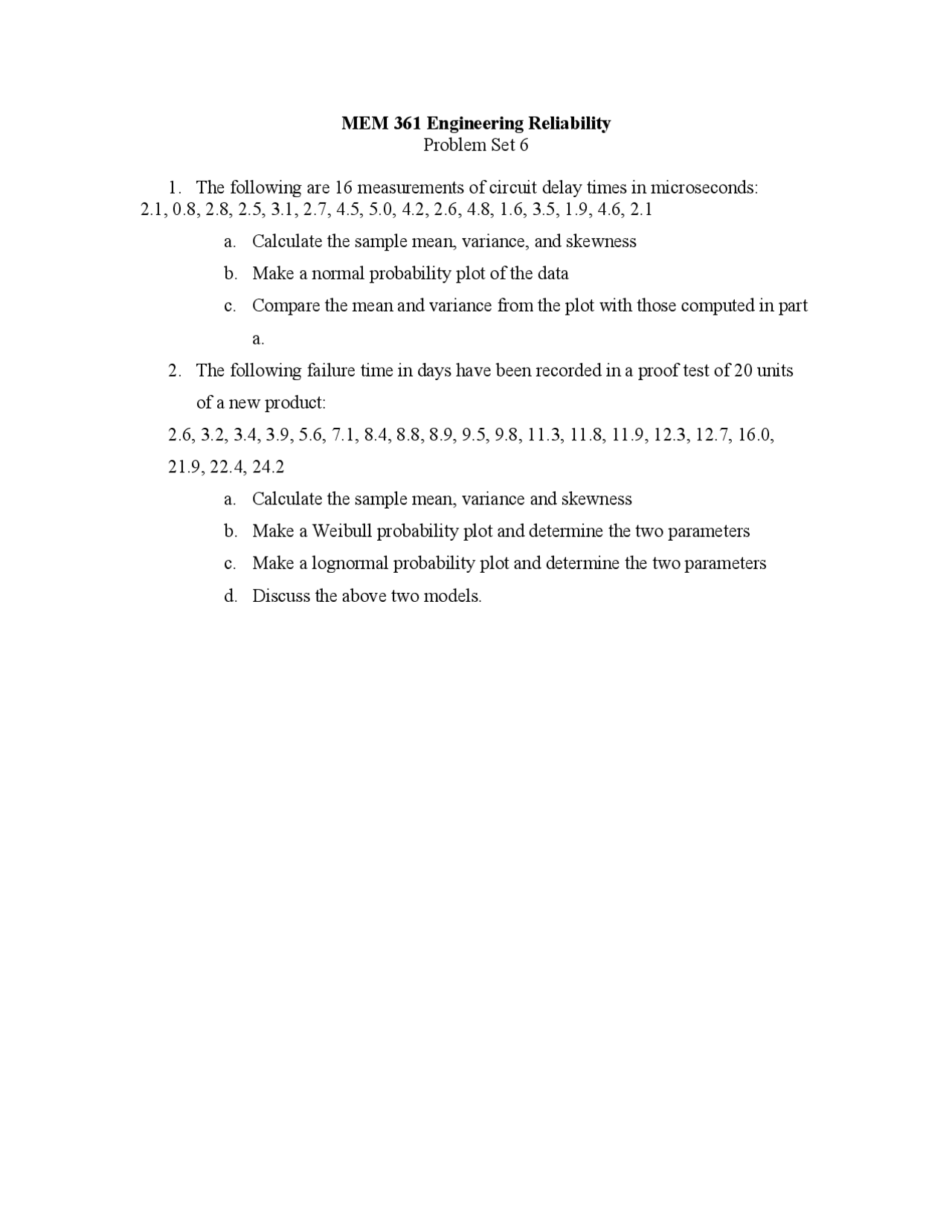 Problem Set 6 Engineering Reliability Mem 361 Docsity