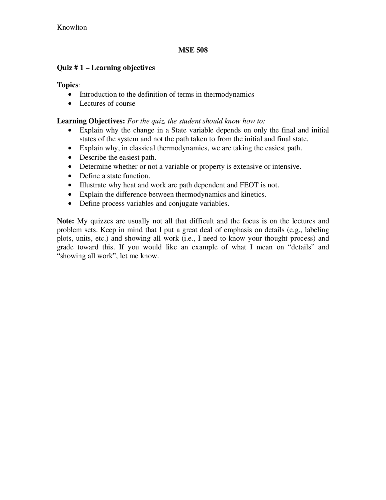 Quiz 1 Learning Objectives Solid State Thermodynamics Mse 508