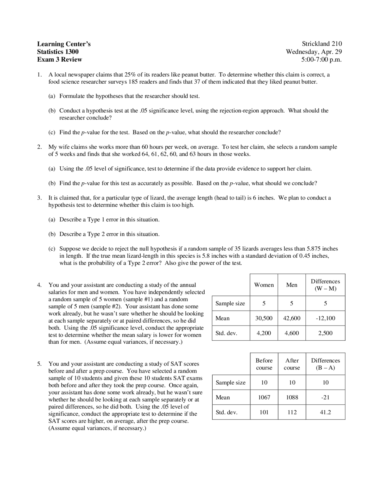Exam 3 Review Questions Elementary Statistics Stat 1300 Docsity