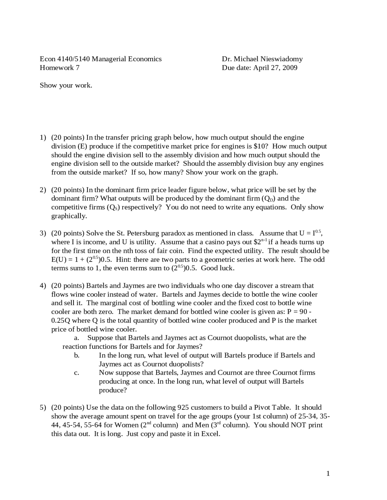 Assignment #7 - Managerial Economics | ECON 4140 | Assignments Managerial Economics | Docsity