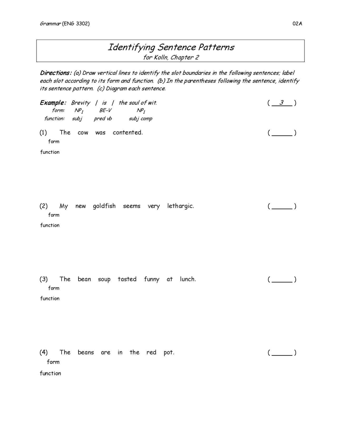 Assignment for Identifying Sentence Patterns | ENG 3302 - Docsity