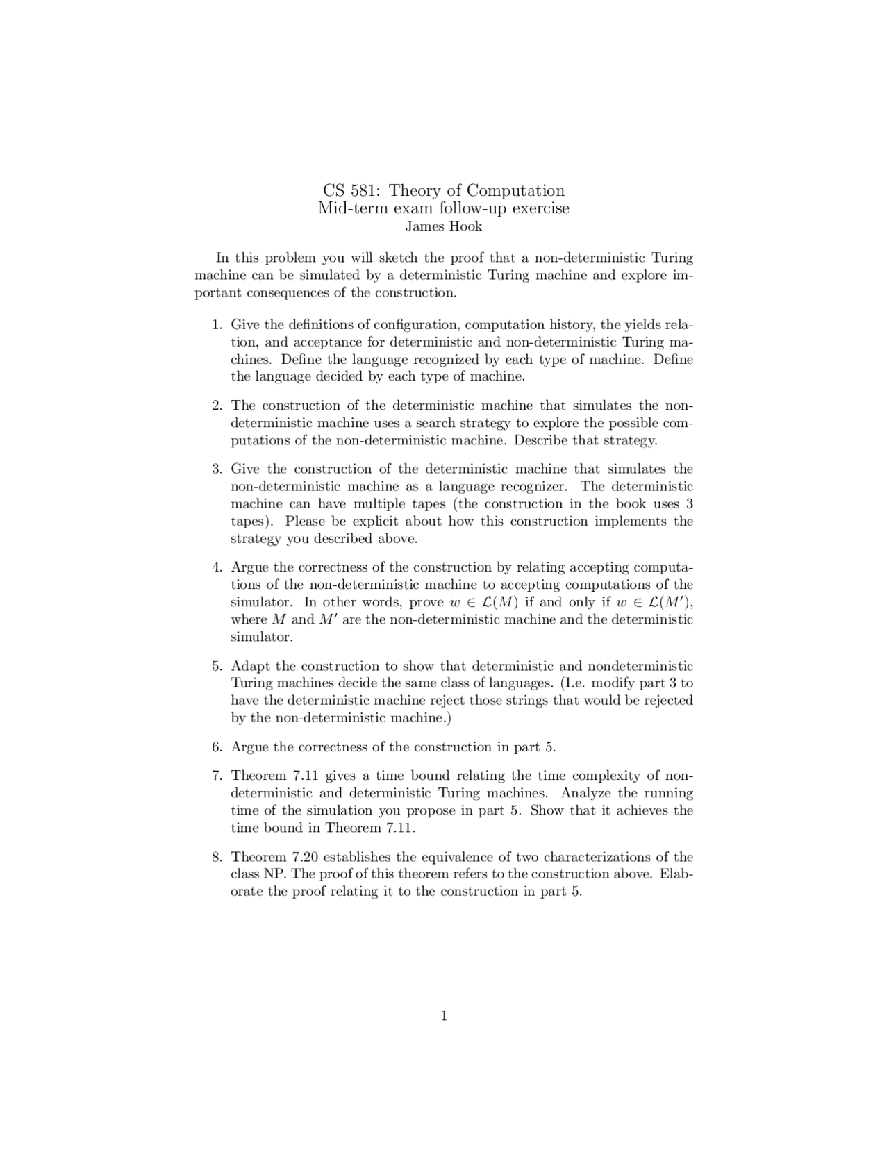 Theory Of Computation 8 Questions In Midterm Exam Cs 581 Docsity