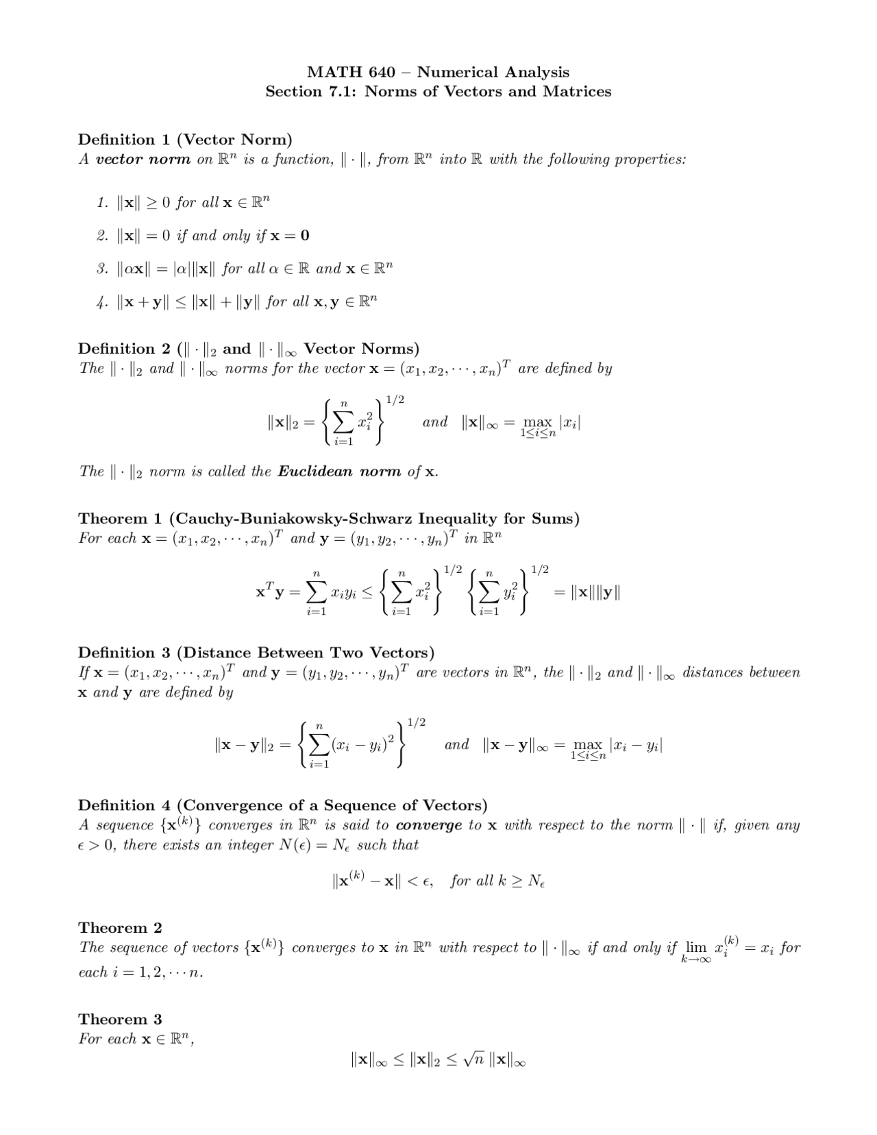 Norms Of Vectors And Matrices In Numerical Analysis Homework Math