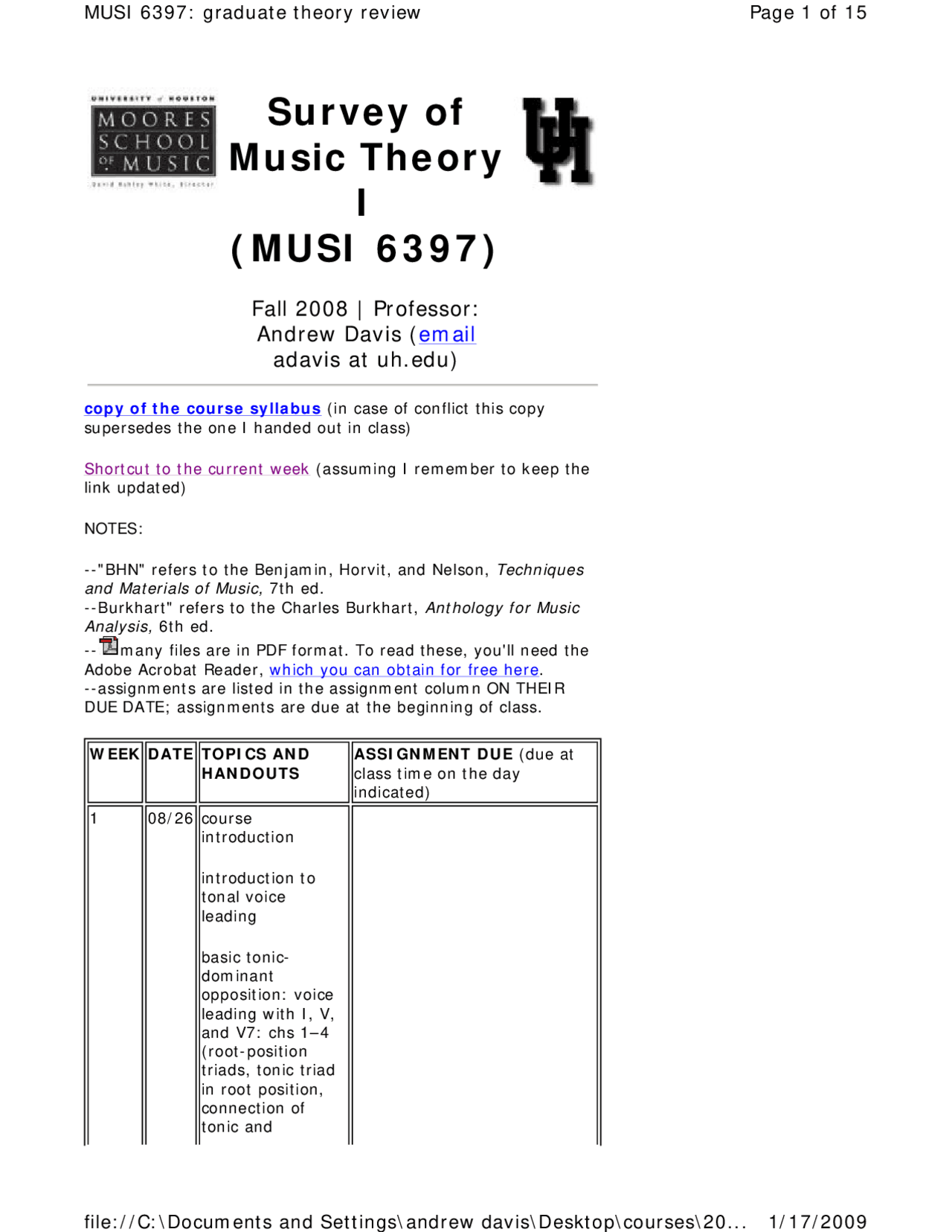 Survey Of Music Theory I Course Syllabus Musi 6397 Docsity