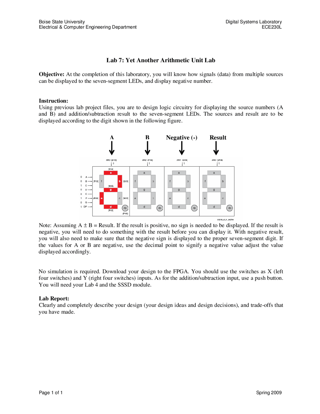 Lab 7 Yet Another Arithmetic Unit Lab Ece 230 Docsity