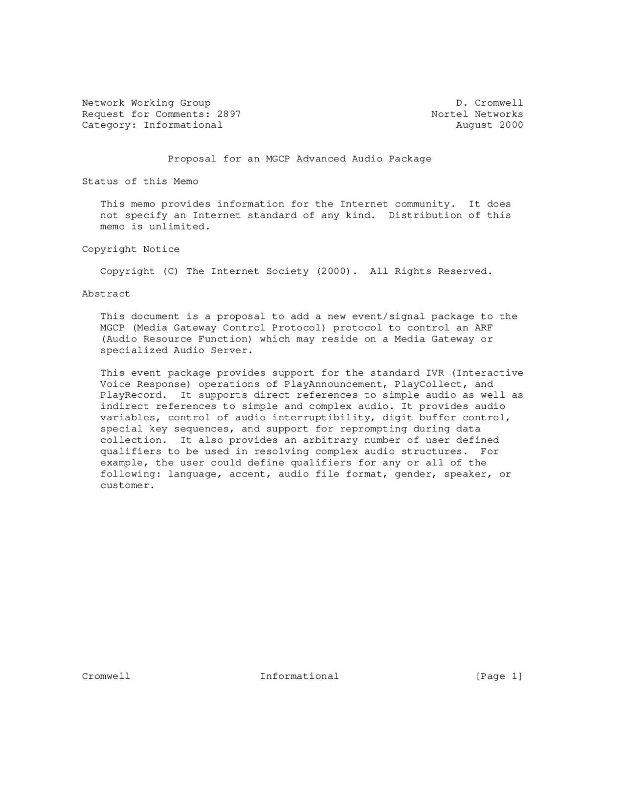 Proposal for an MGCP Advanced Audio Package | ENG E3010 - Docsity