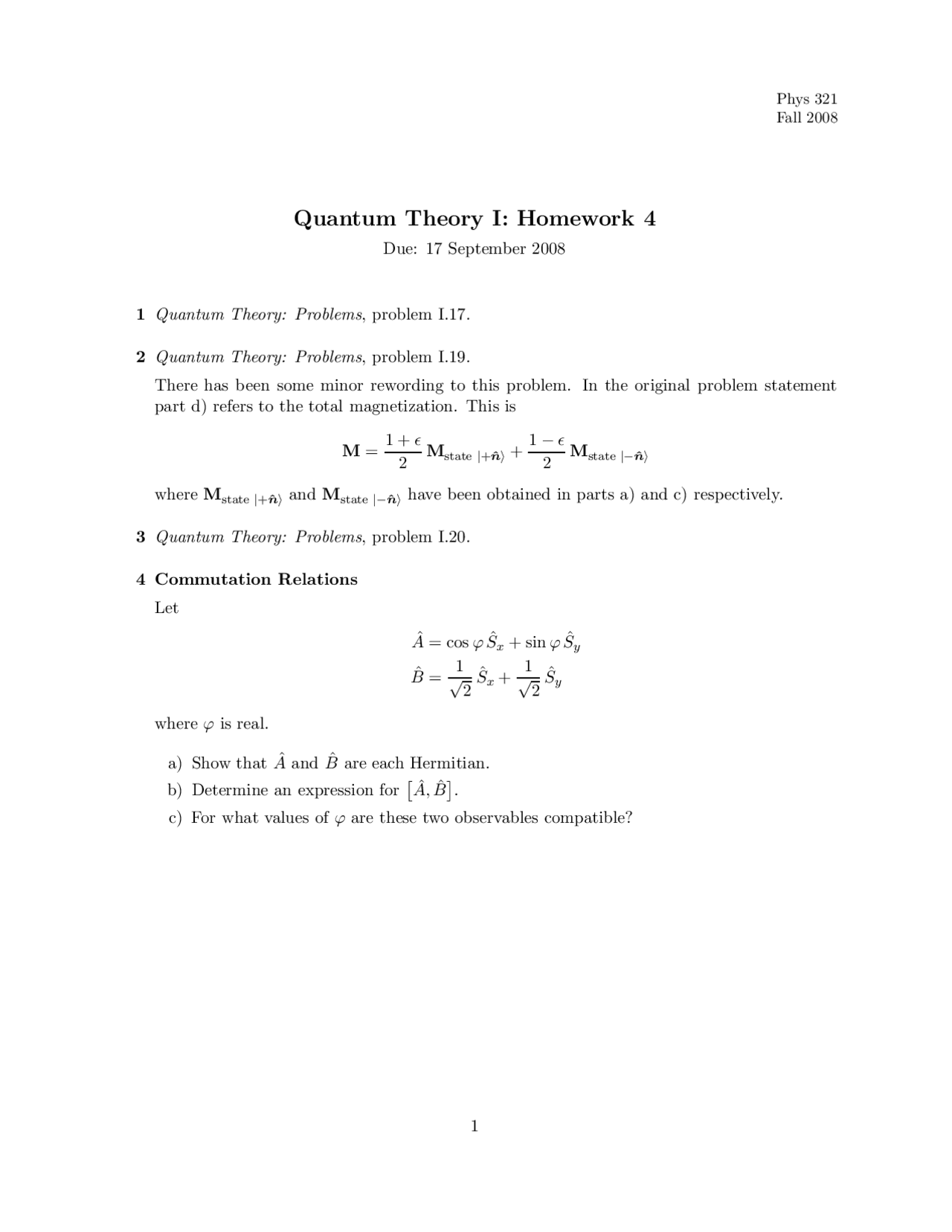 Homework 4 Problems For Quantum Theory I Phys 321 Docsity