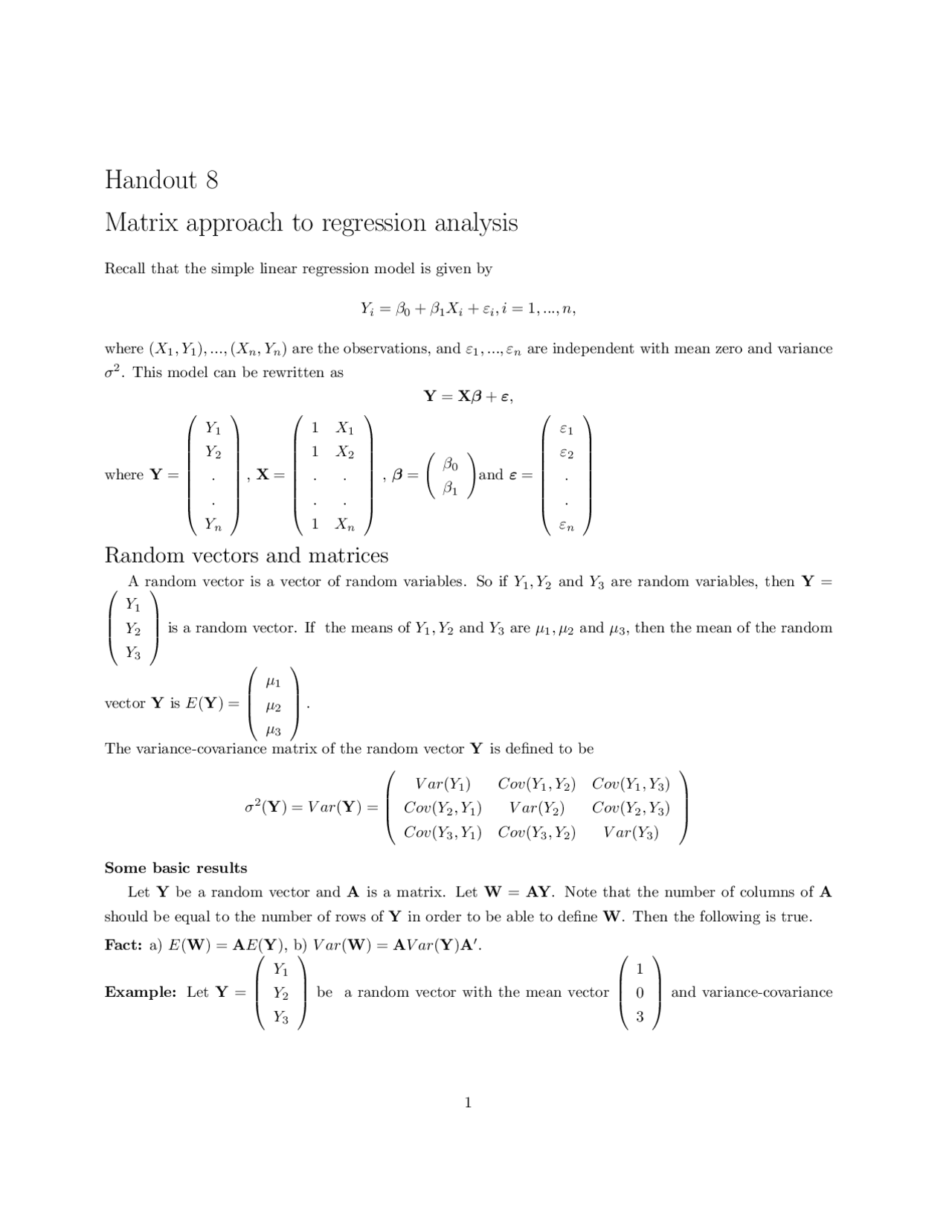 Notes On Matrix Approach To Regression Analysis Sta 108 Docsity