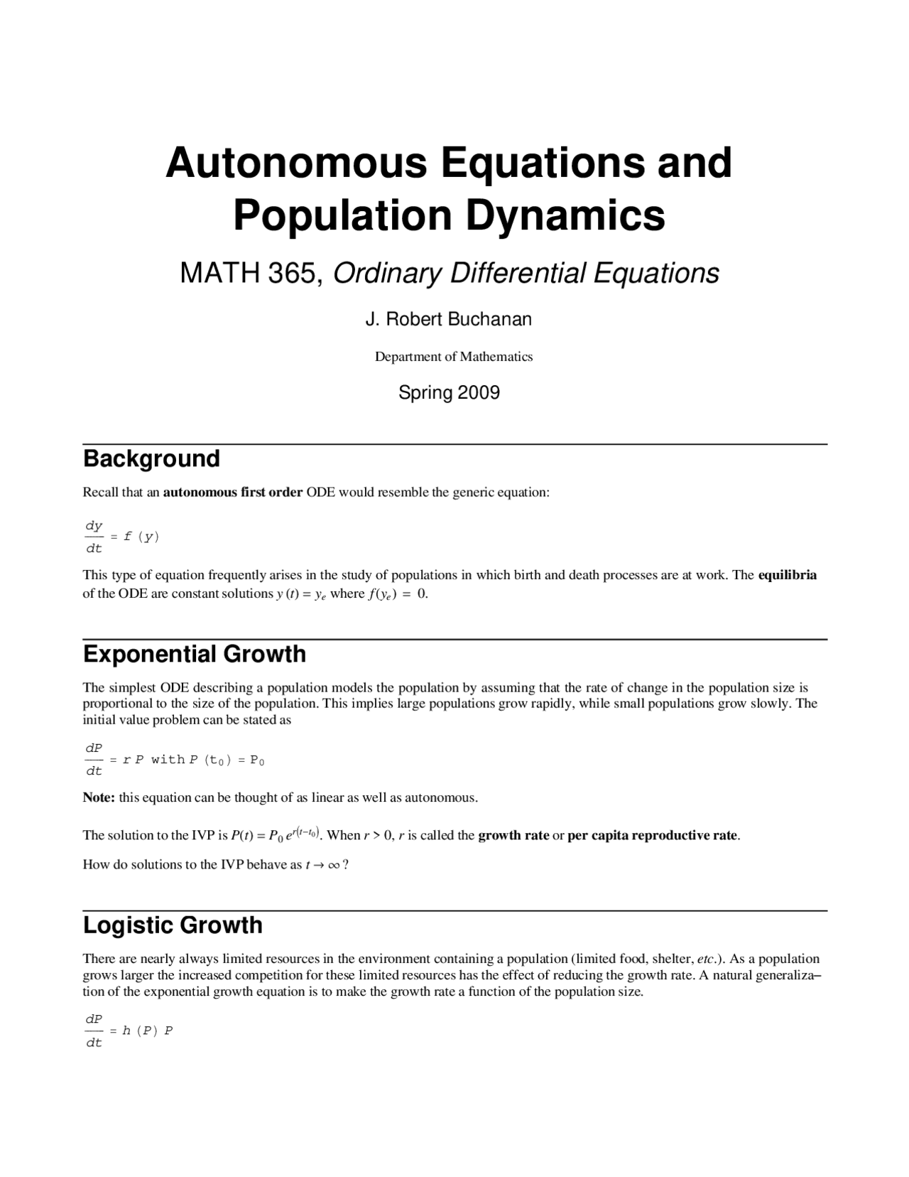 Autonomous Equations and Population Dynamics - Notes | MATH 365 - Docsity