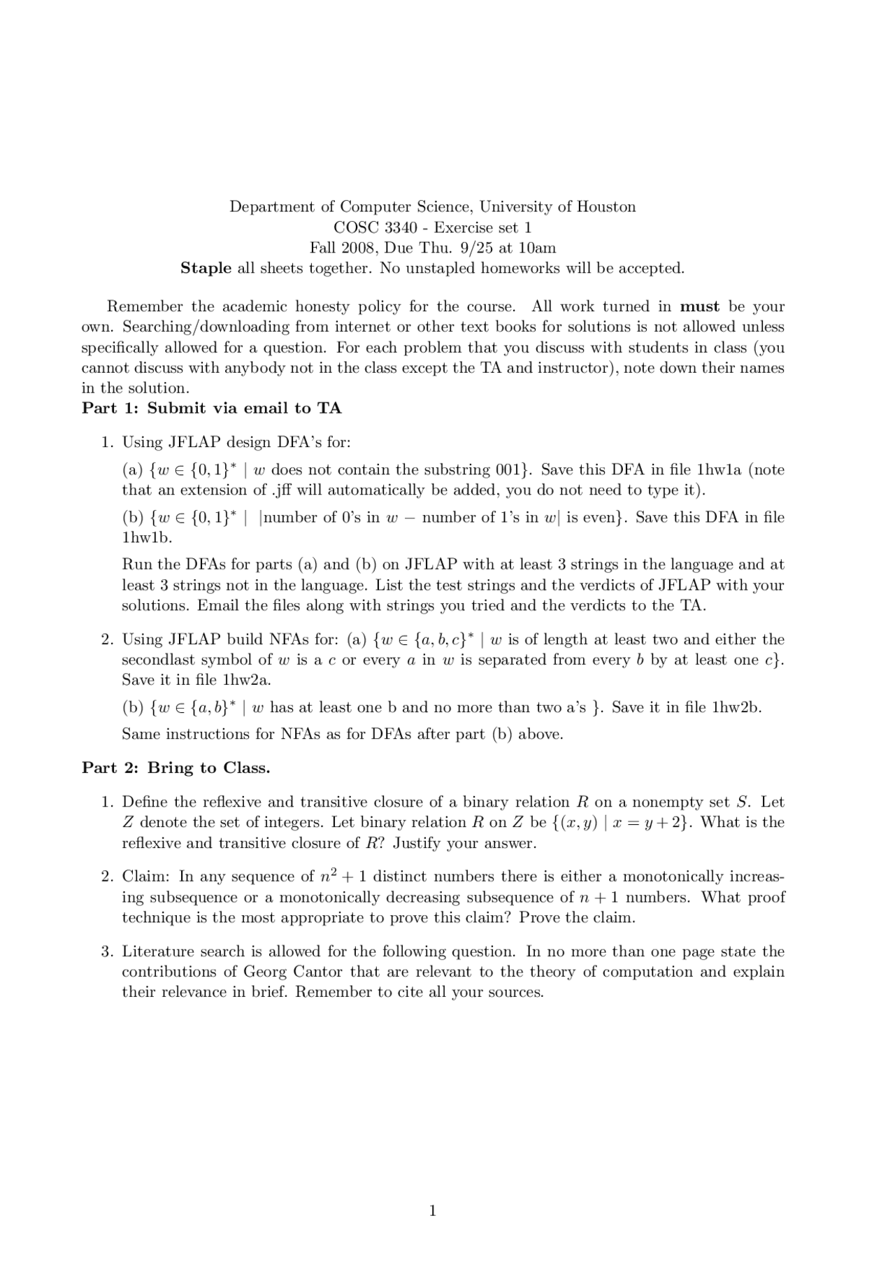 Introduction To Automata And Computer Assignment 1 Cosc 3340 Docsity