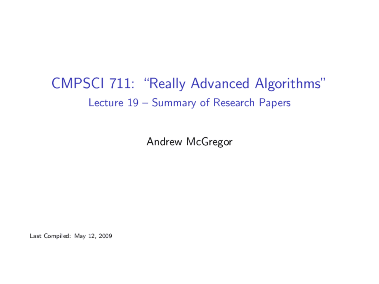 Summary Of Research Papers Really Advanced Algorithms Cmpsci 711 Docsity
