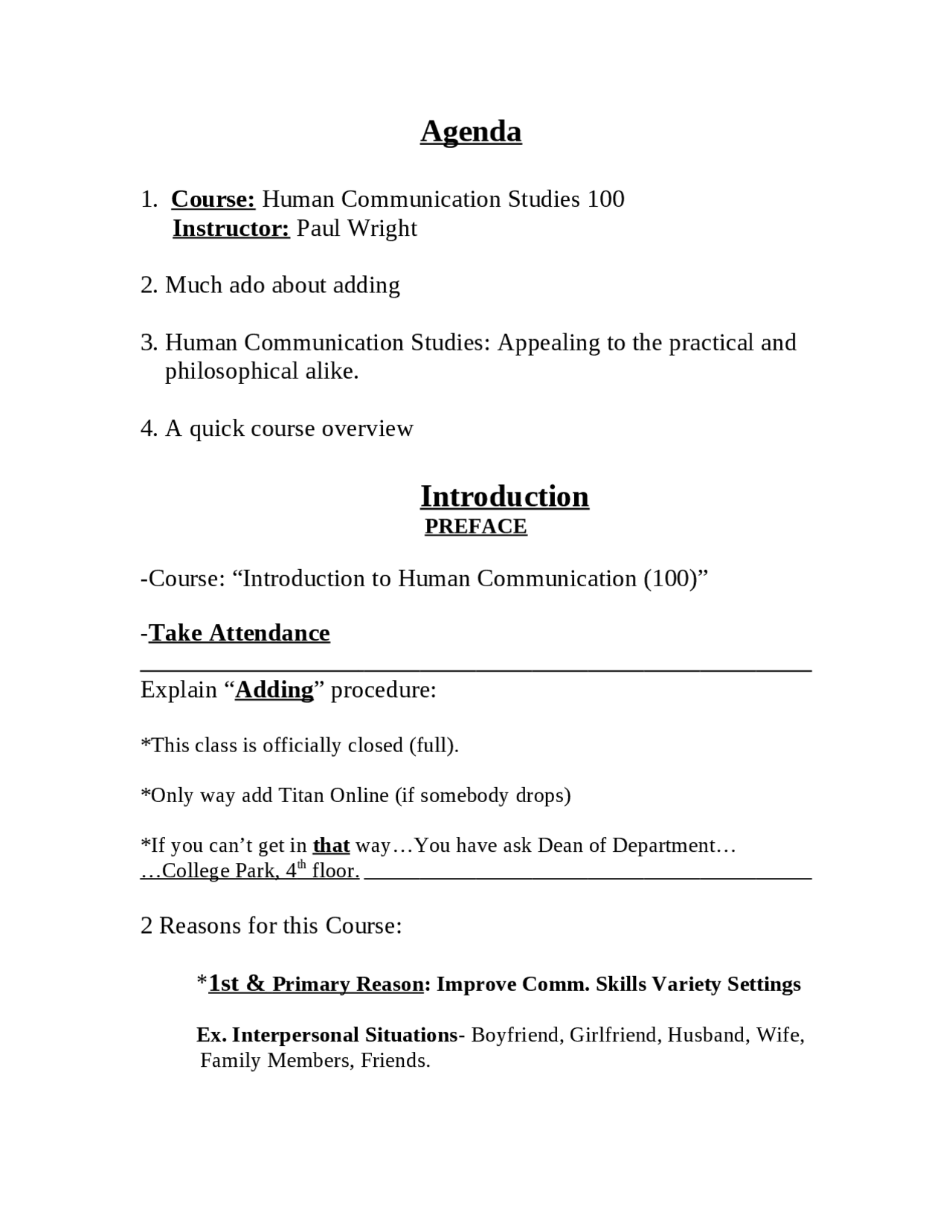 Notes On Agenda Introduction To Human Communication Hcom 100 Docsity