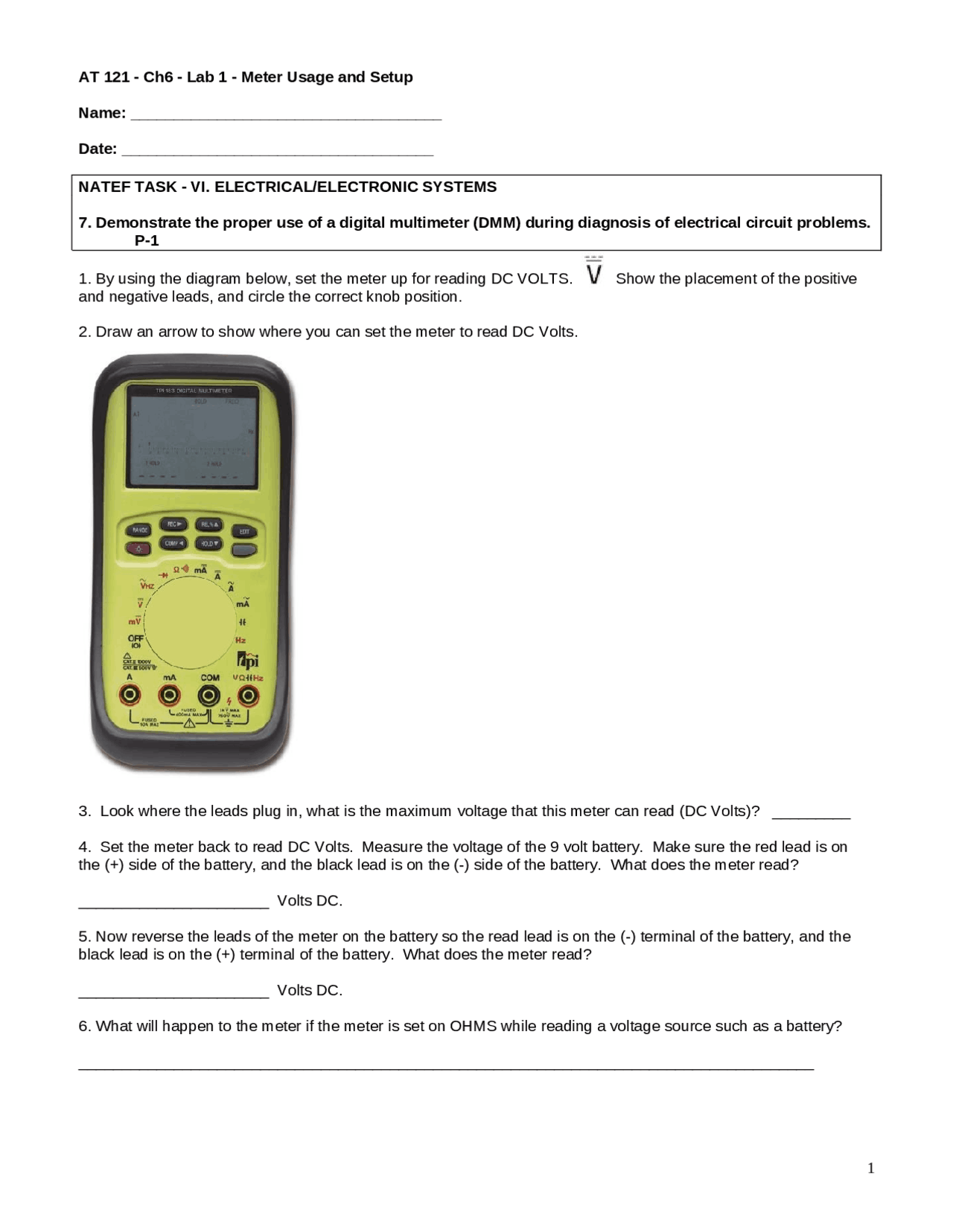 Digital Multimeter Lab: Measuring DC Volts, Ohms, and Amps - Prof ...