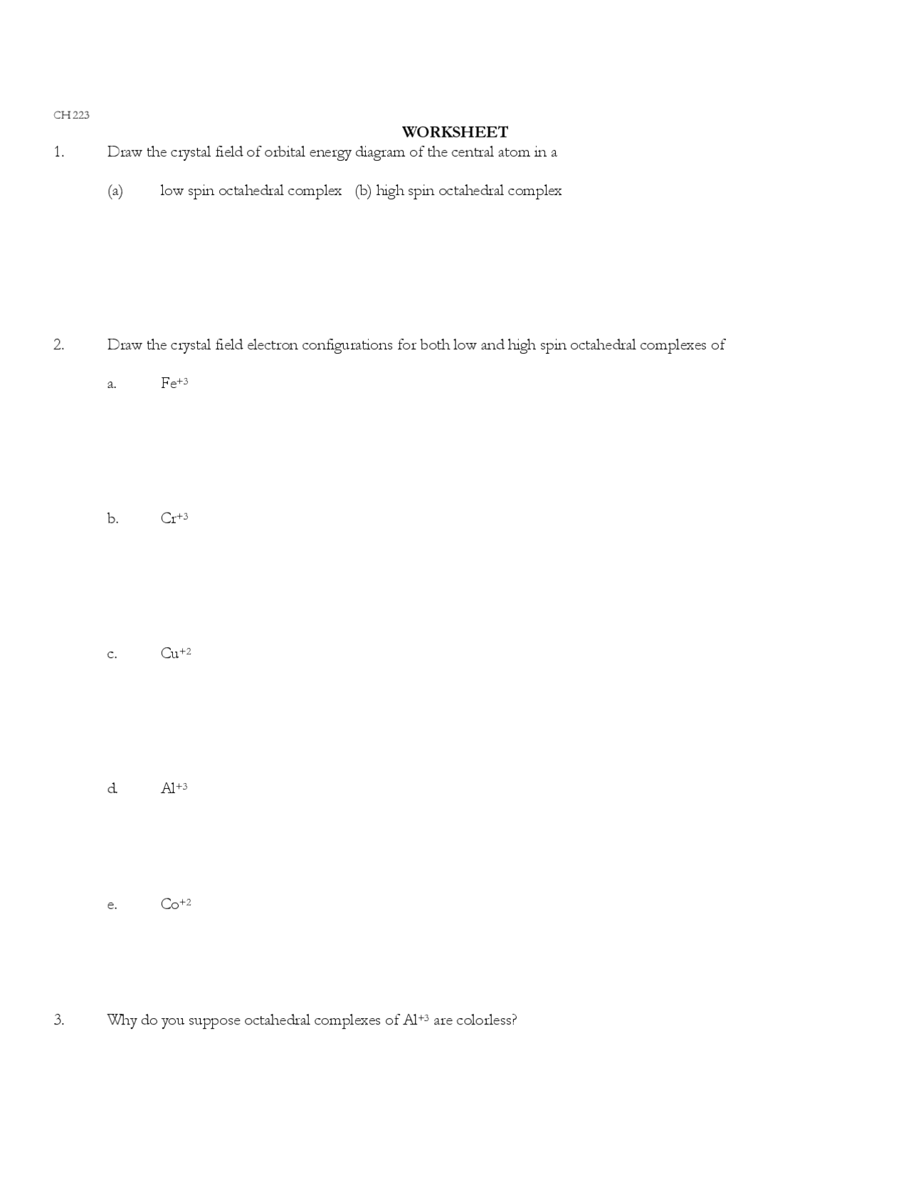 Worksheet For General Chemistry Iii Ch 223 Docsity