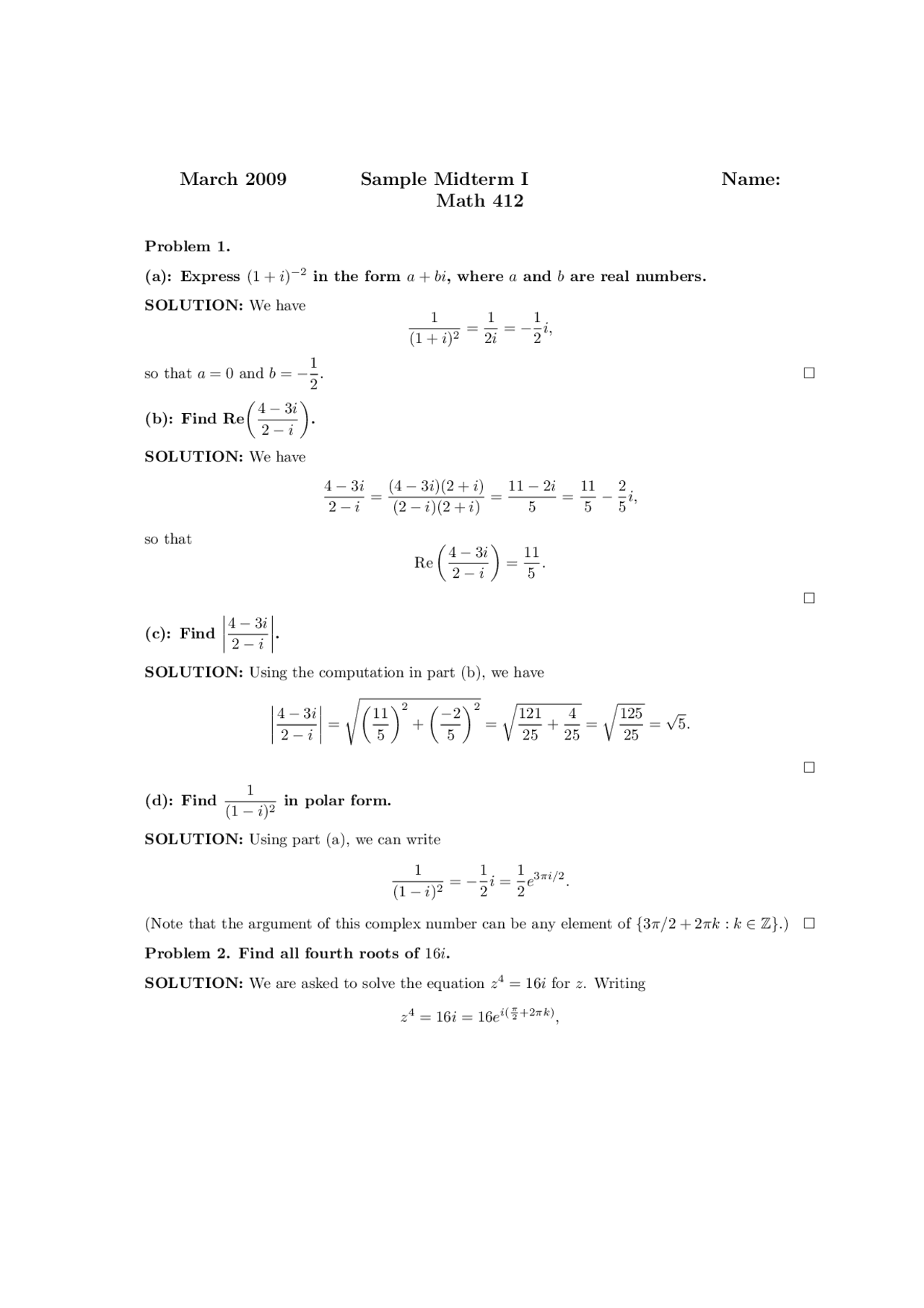 Sample Midterm Exam 1 With Resolution Complex Analysis Math 412 Docsity