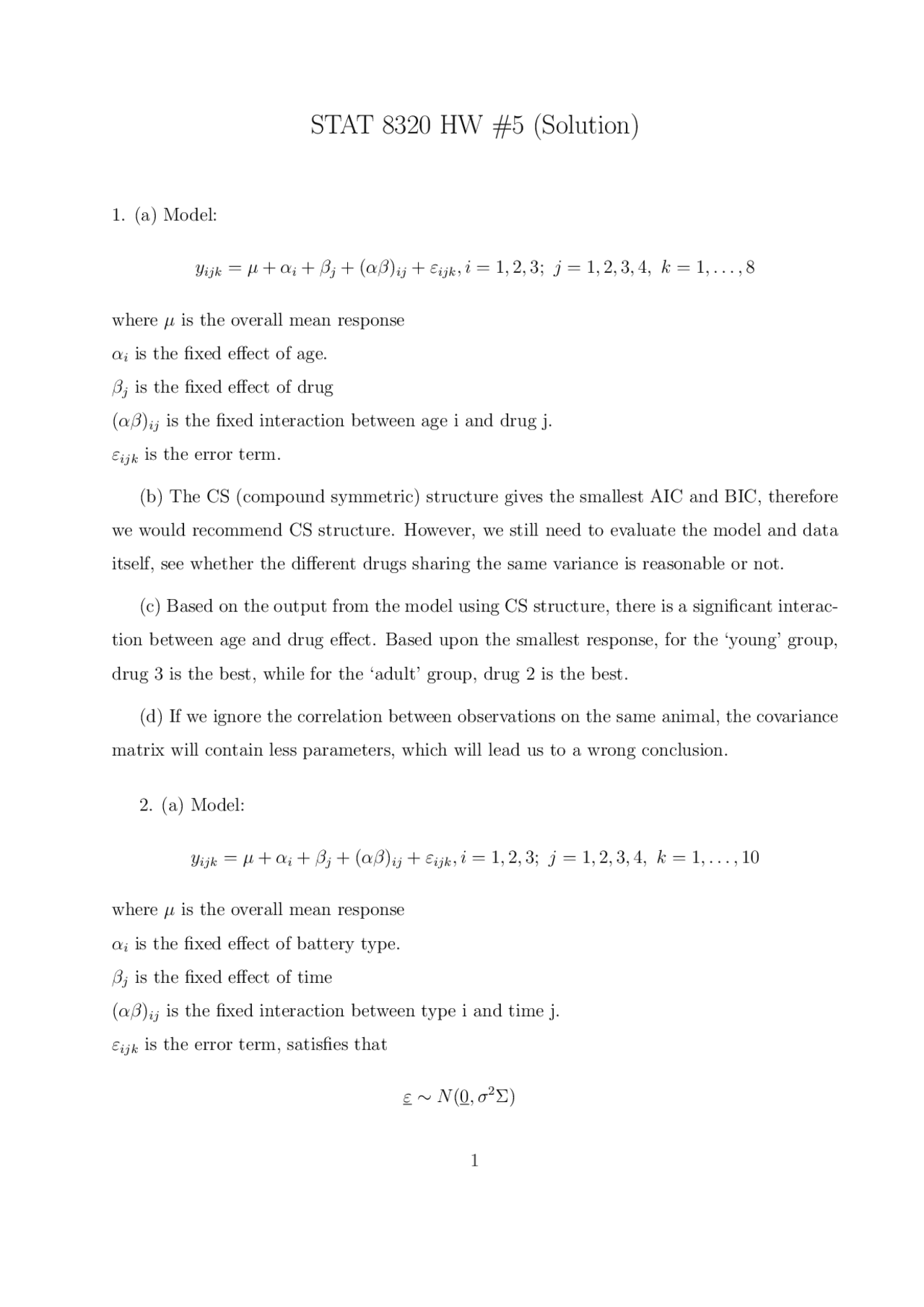 Homework 5 Solutions Data Analysis Ii Stat 8320 Docsity