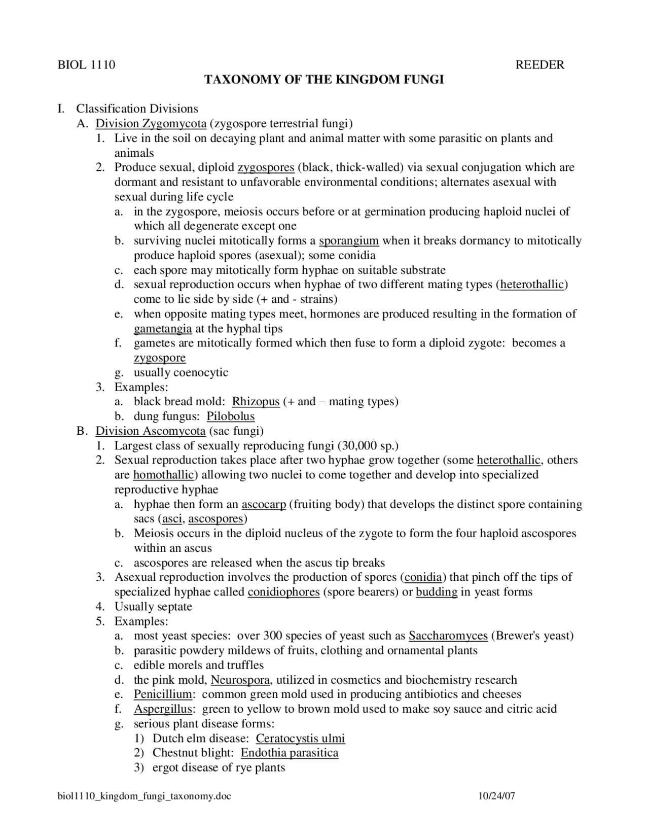 Taxonomy Of The Kingdom Fungi Lecture Notes Biol 1110 Docsity