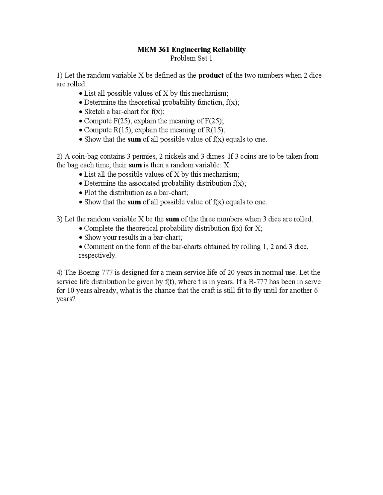 Problem Set 1 Engineering Reliability Mem 361 Docsity