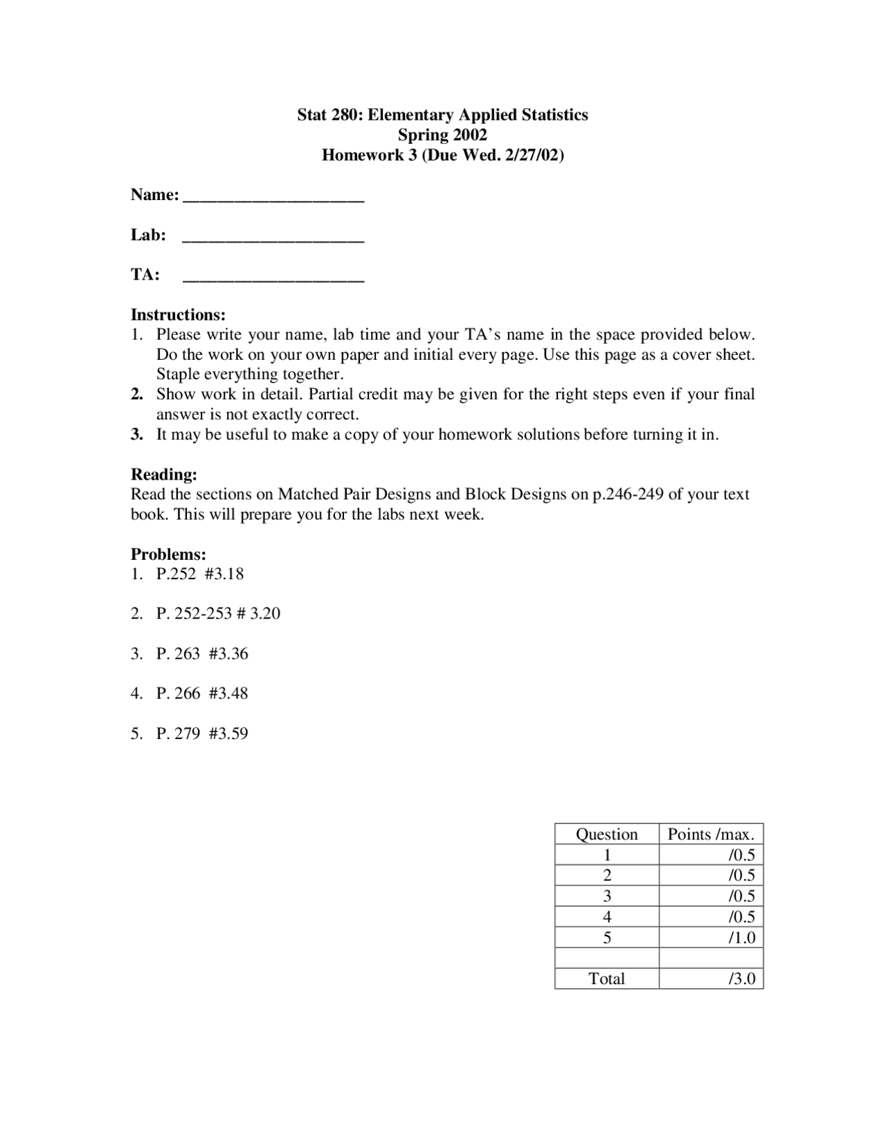 Homework 3 Questions For Elementary Applied Statistics Stat 280 Docsity