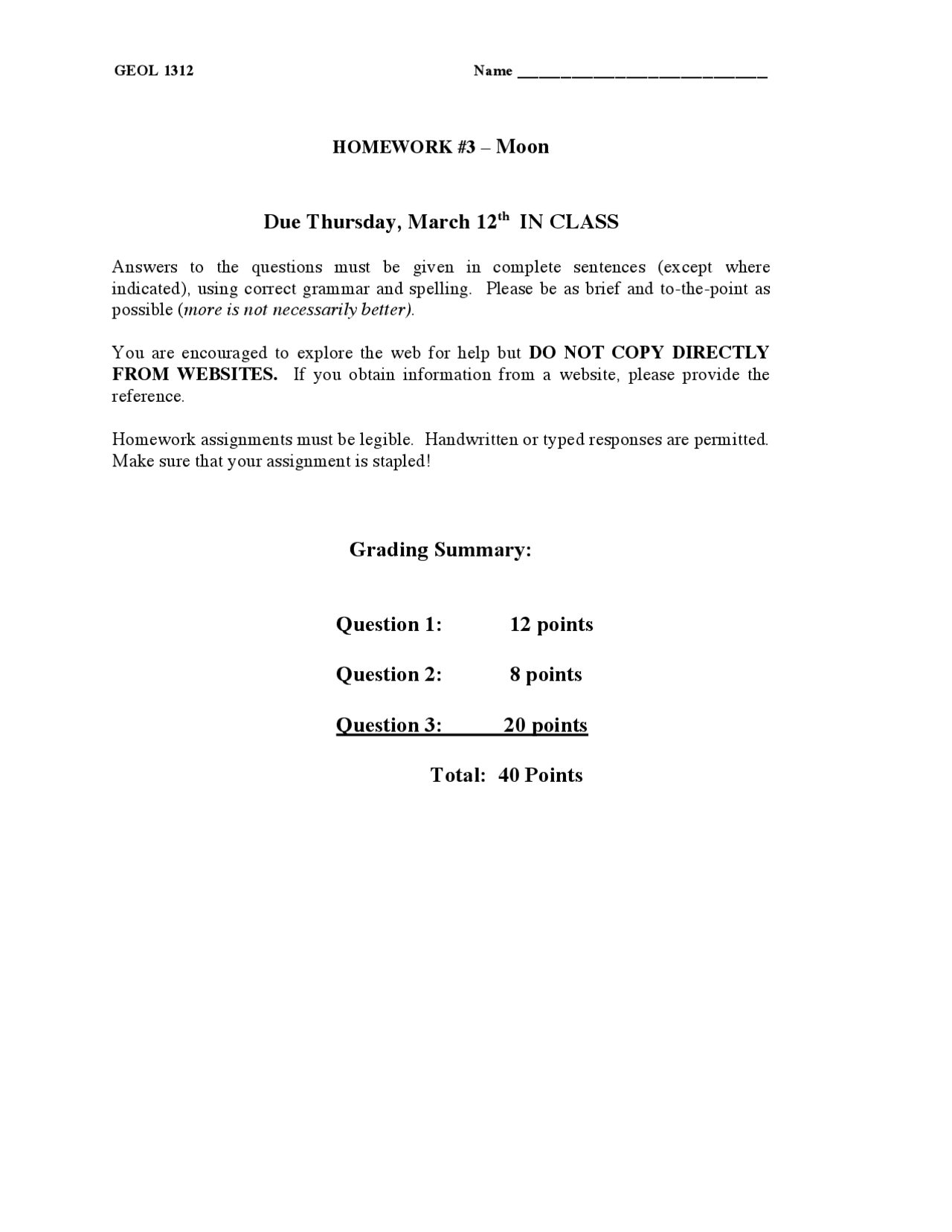 Moon Homework 3 Principles Of Earth Science Geol 1312 Docsity