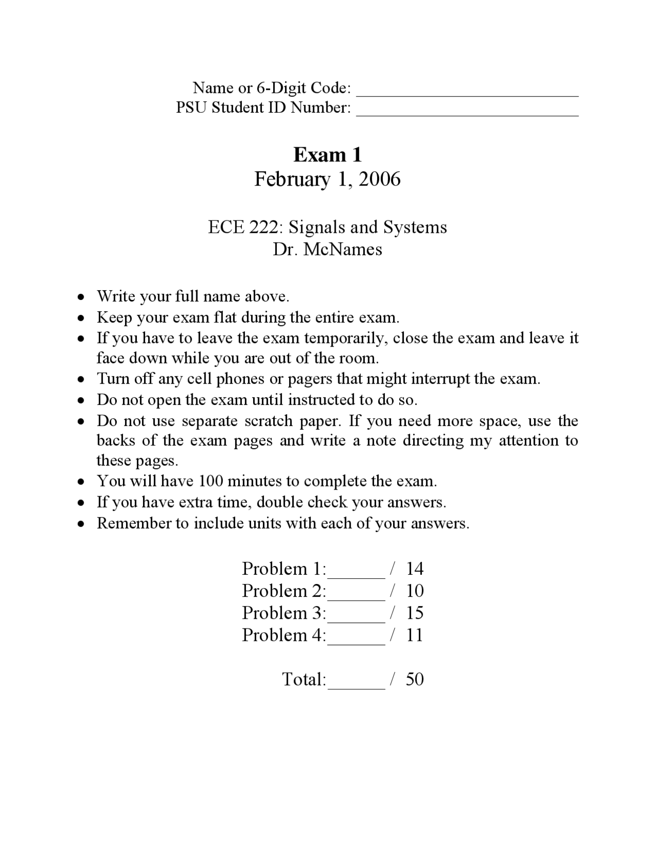 Signals And Systems In Exam 1 Electrical Circuit Analysis Ii Ece