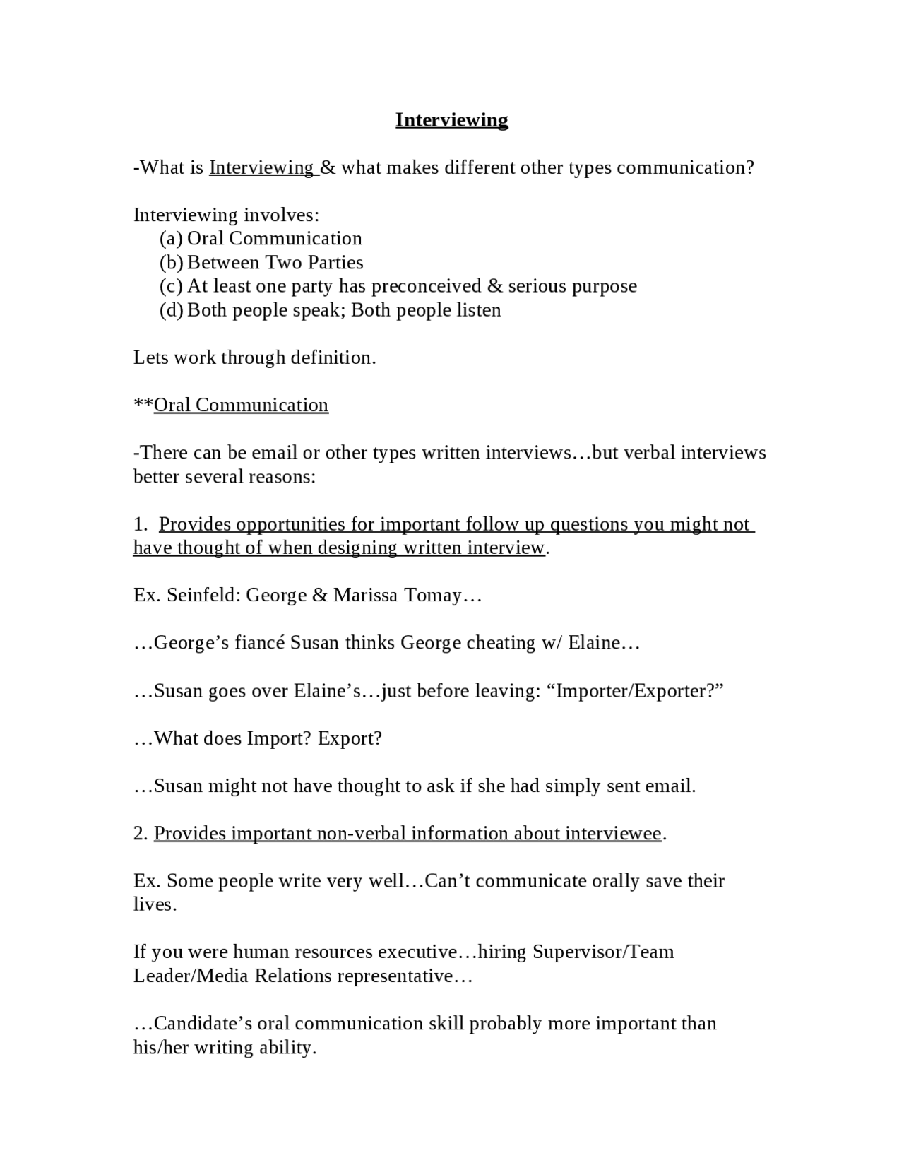 Notes On Interviewing Introduction To Human Communication Hcom 100 Docsity