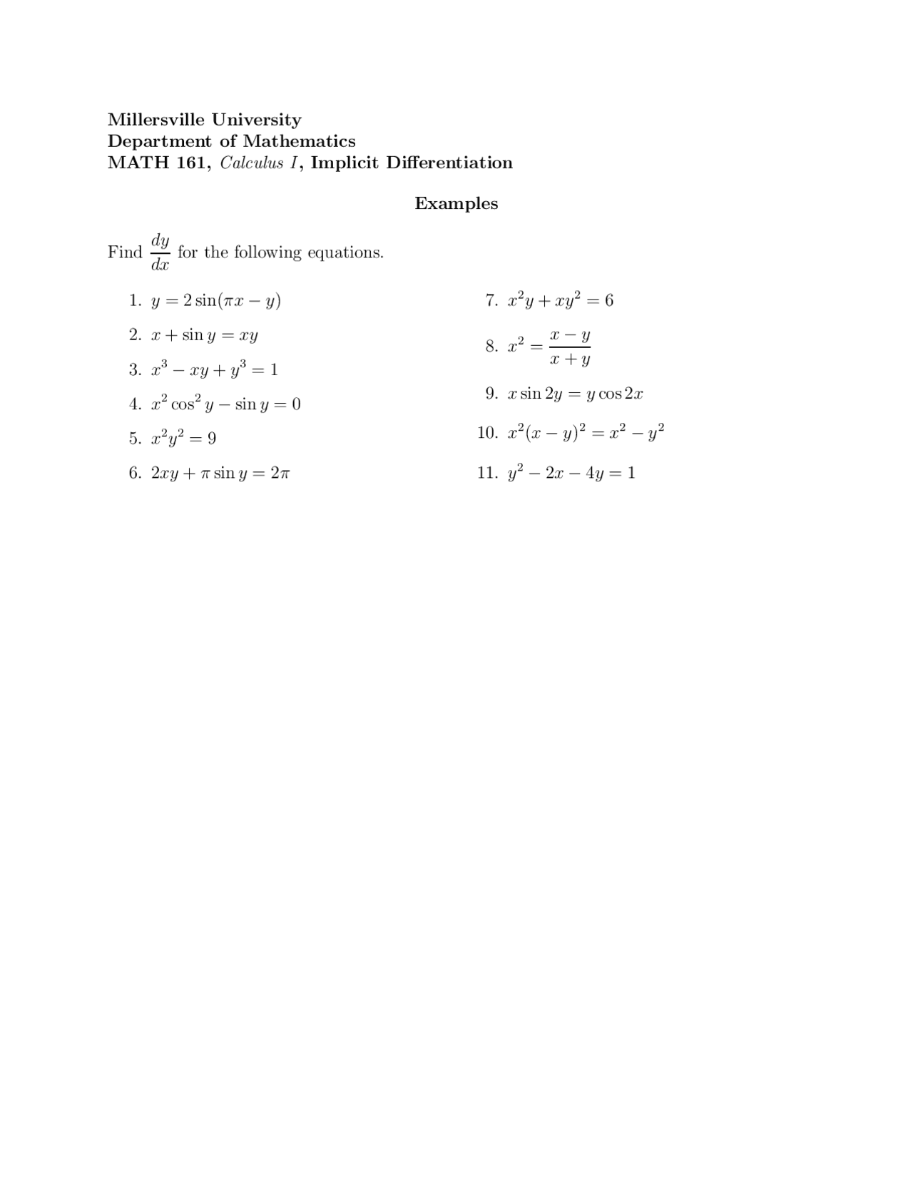 Calculus 1 - Practice Examples for Implicit Differentiation | MATH 161 - Docsity