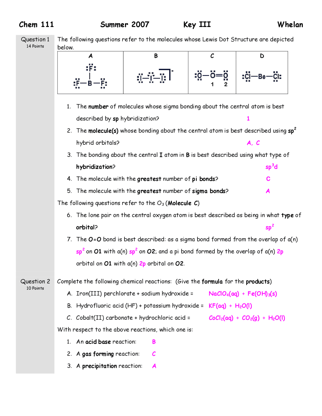 Final Exam Answer Key - General Chemistry Science | CHEM 111 - Docsity