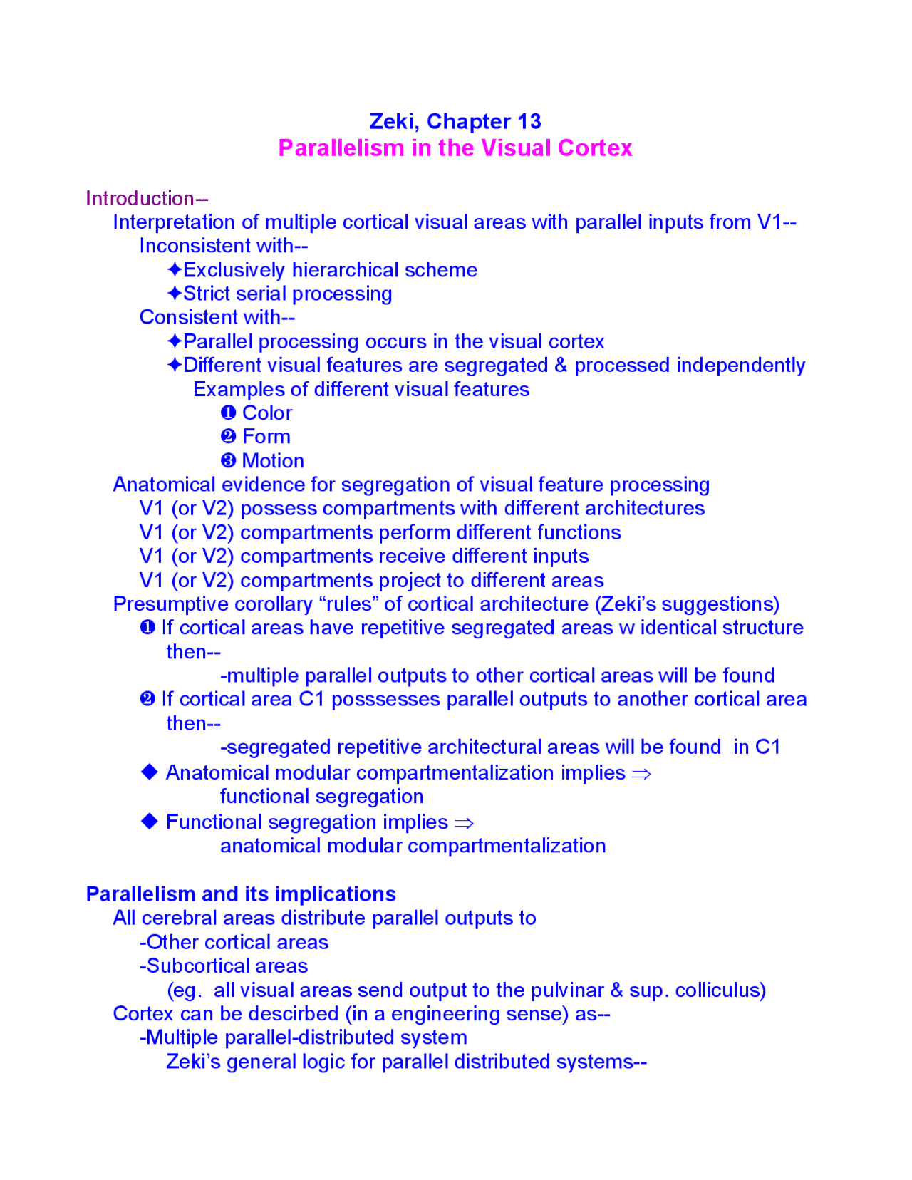 Notes On Parallelism In The Visual Cortex Bios 481 Docsity