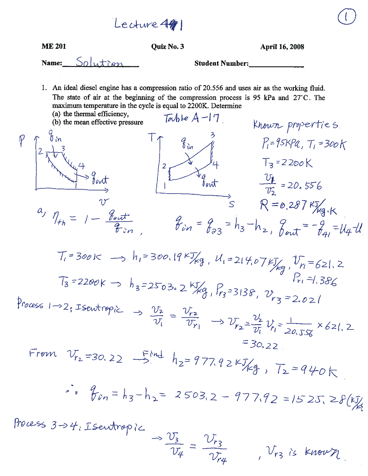 Quiz 3 Questions With Solution Thermodynamics Me 201 Docsity